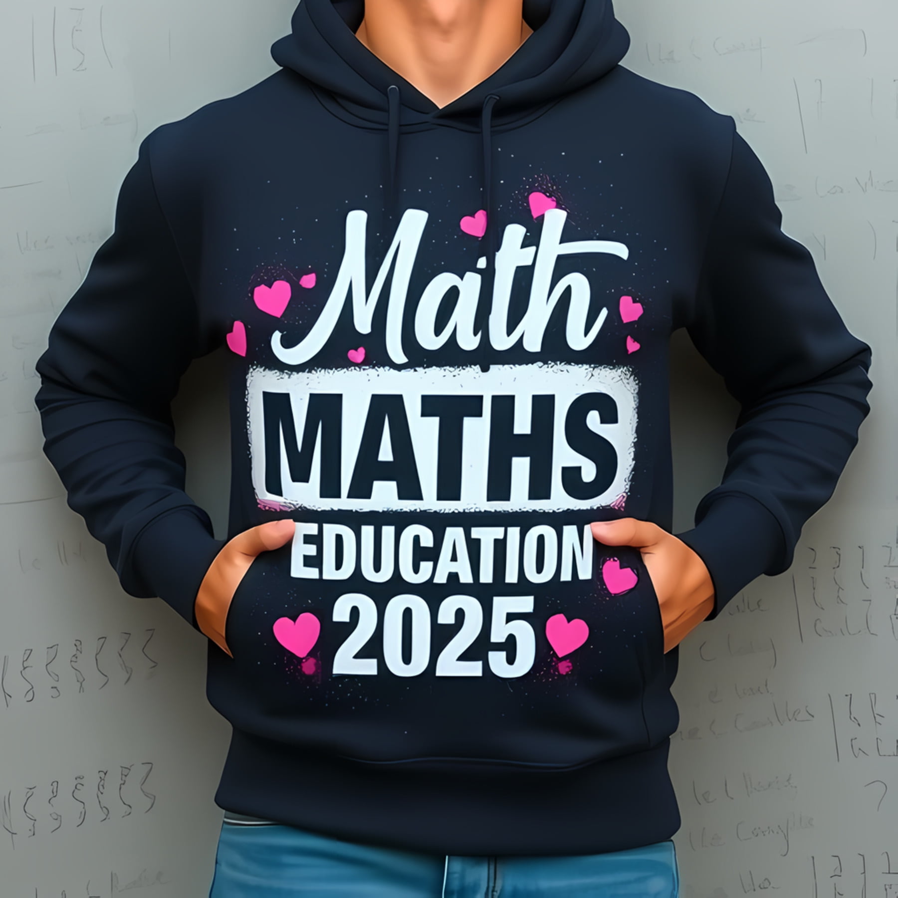 3D Graphic Blue Hoodie - "Math MATHS EDUCATION 2025" with Pink Hearts ...