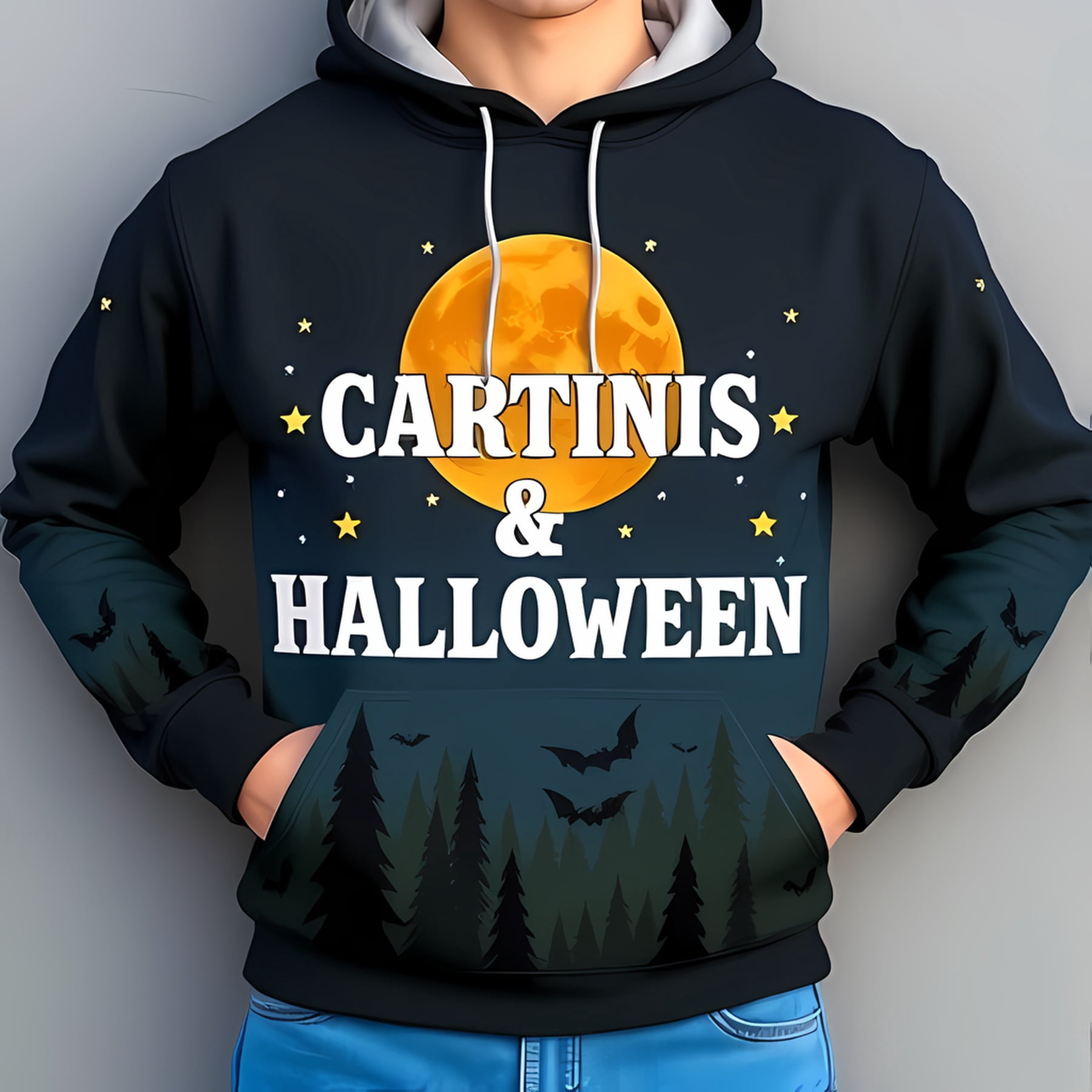 3D Graphic Hoodie for Halloween - Dark Navy Blue with Orange Moon Stars ...