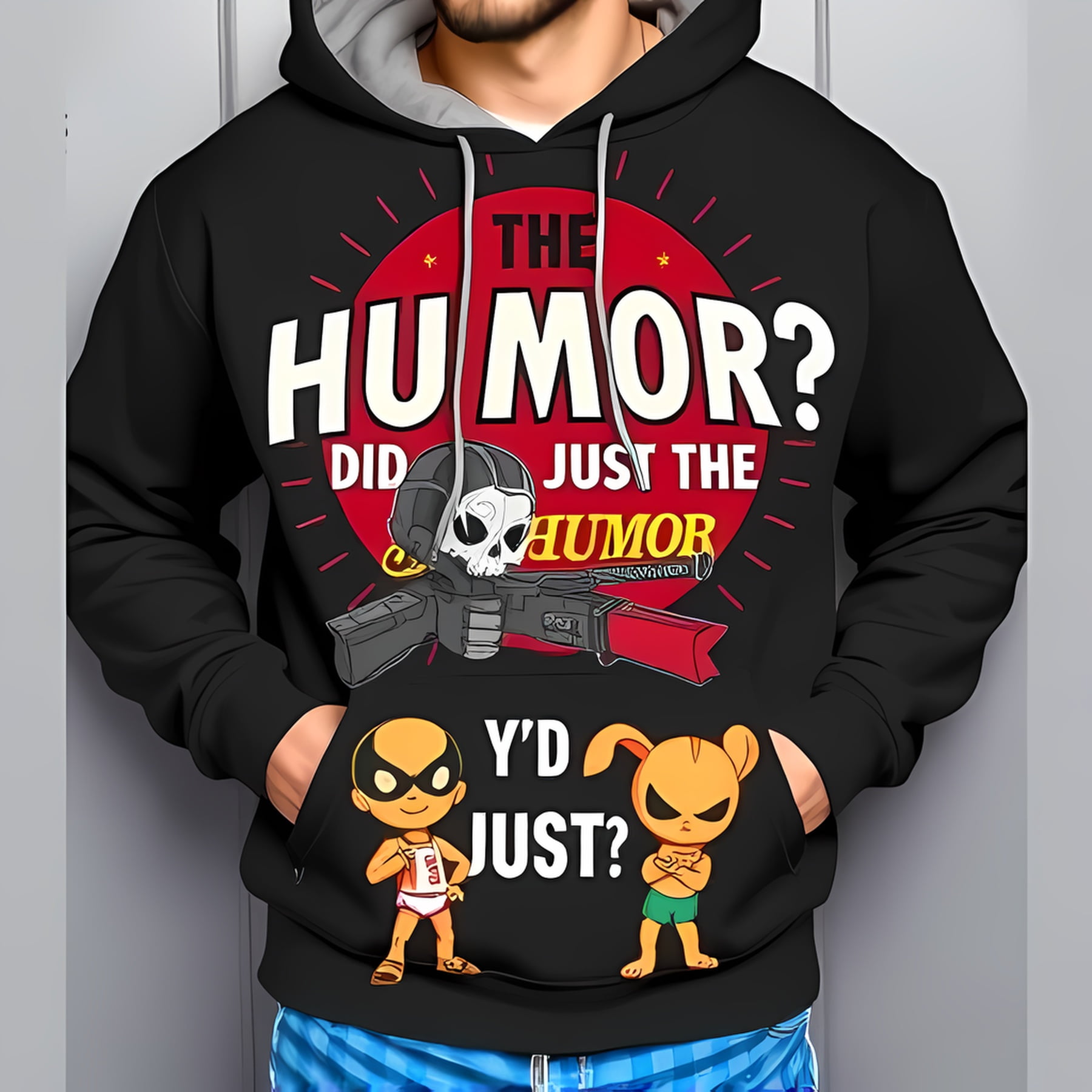 3D Graphic Hoodie with Bold Red & Whimsical Cartoon Characters - Dark ...