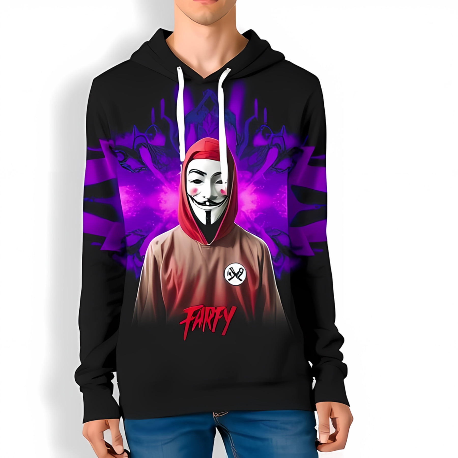 3D Graphic Hoodie with Colorful Print - Bold Red 'FARFY' Design on ...