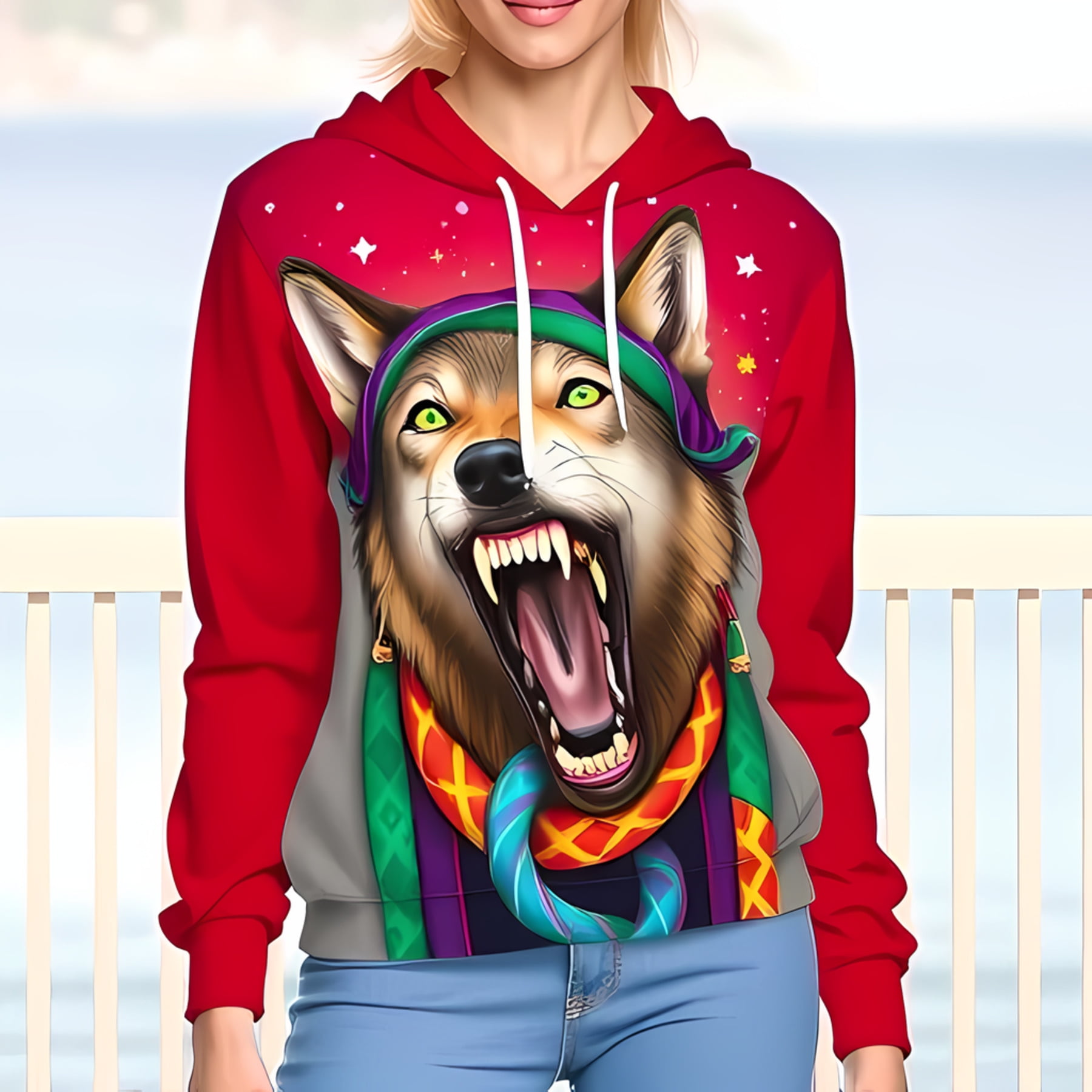 3D Graphic Hoodie with Jester Hat & Scarf - Colorful Design Red & Gray ...