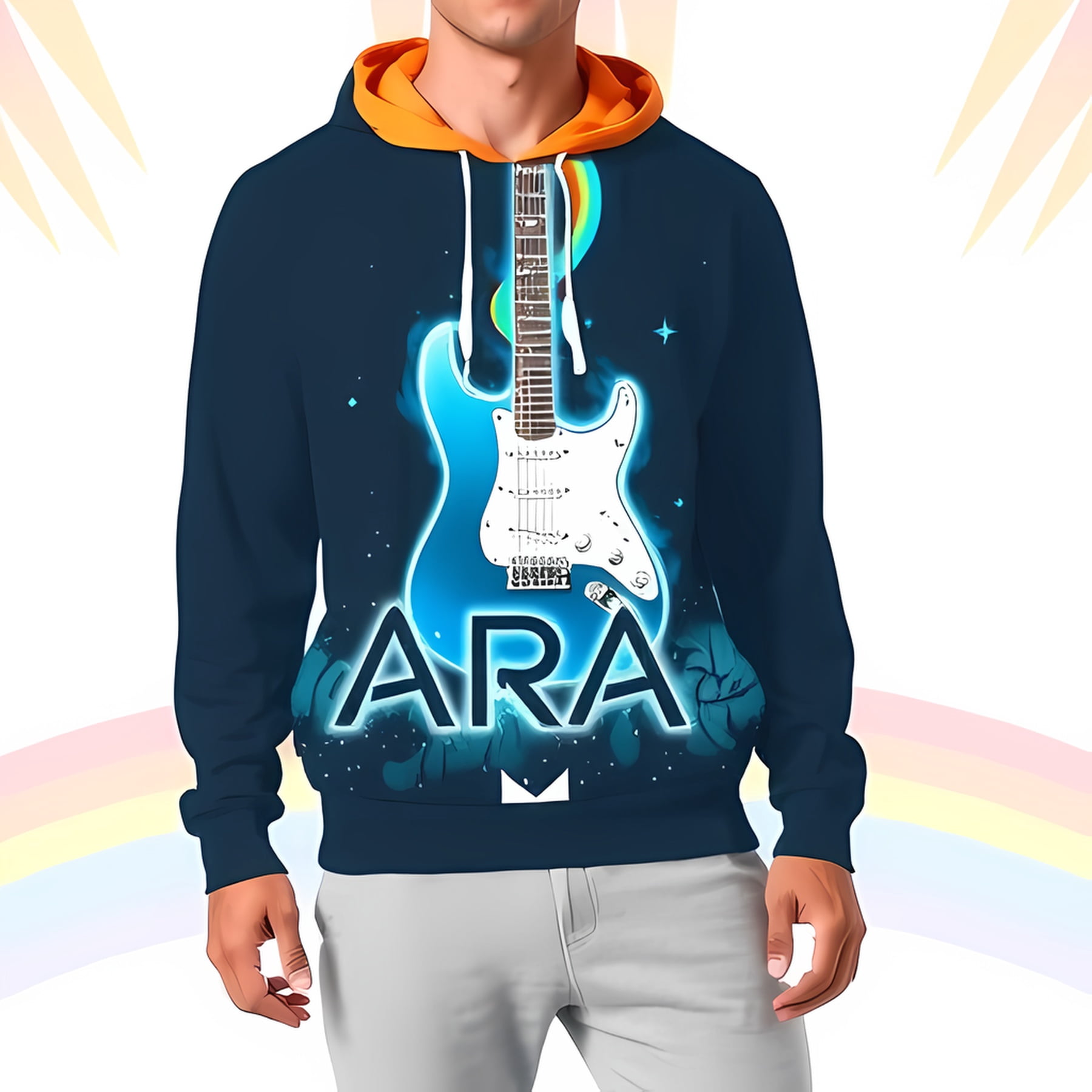 3D Graphic Navy Blue Hoodie with Electric Guitar Design ARA Floral ...
