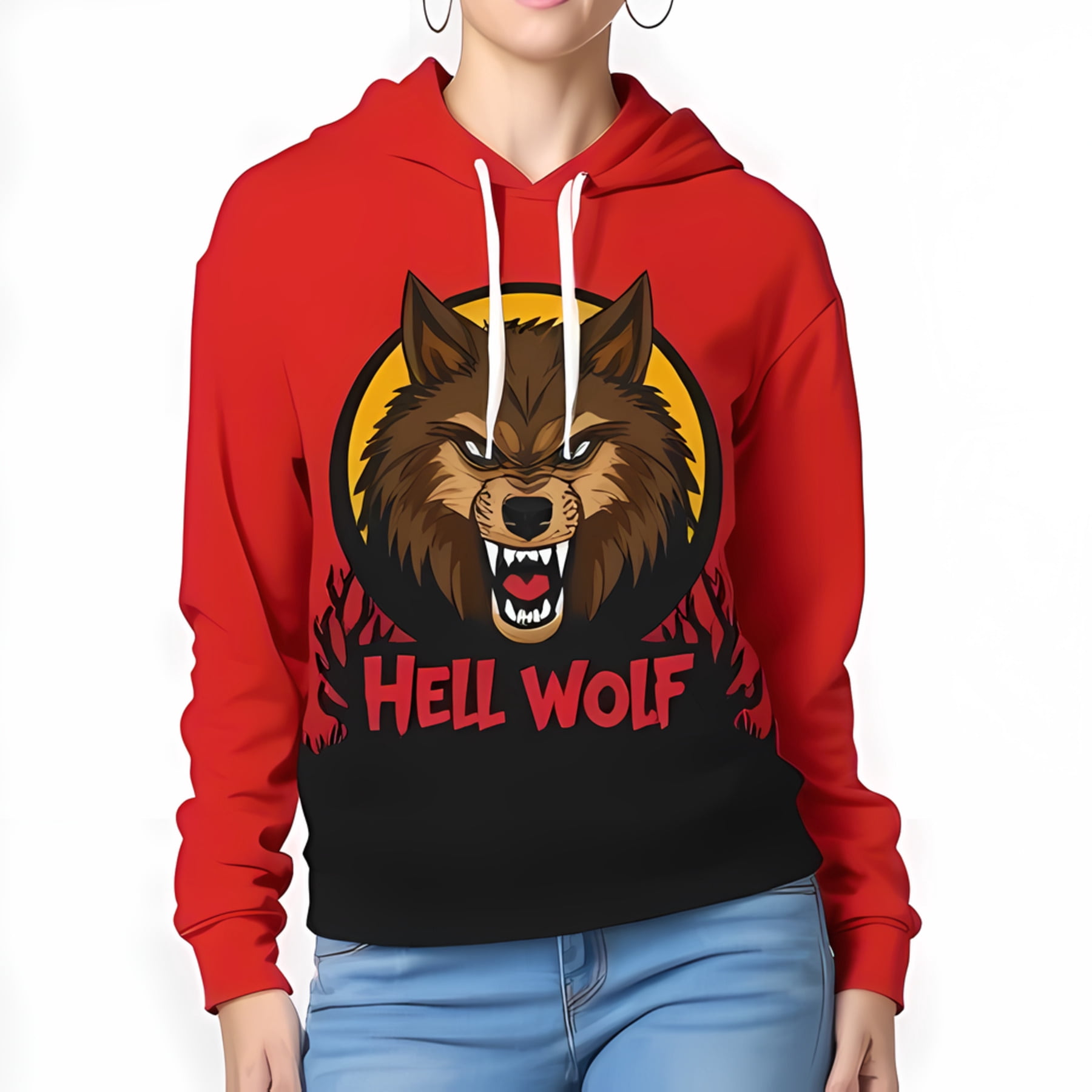 3D Graphic Red Hoodie Sweatshirt with Cartoon Design HELL Text Black Sleeves Spooky Theme ...