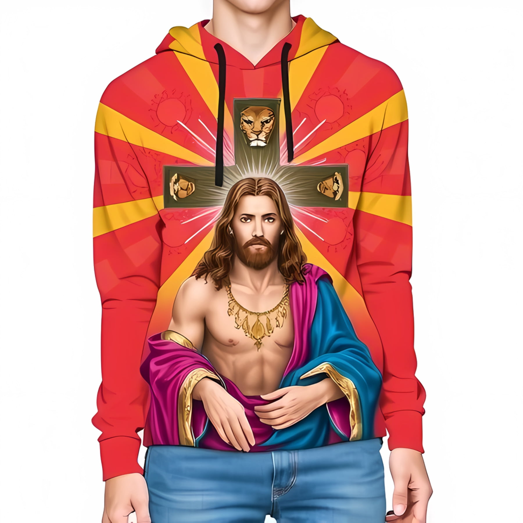 3D Graphic Red Hoodie Sweatshirt with Design & Colorful Cross Unique ...