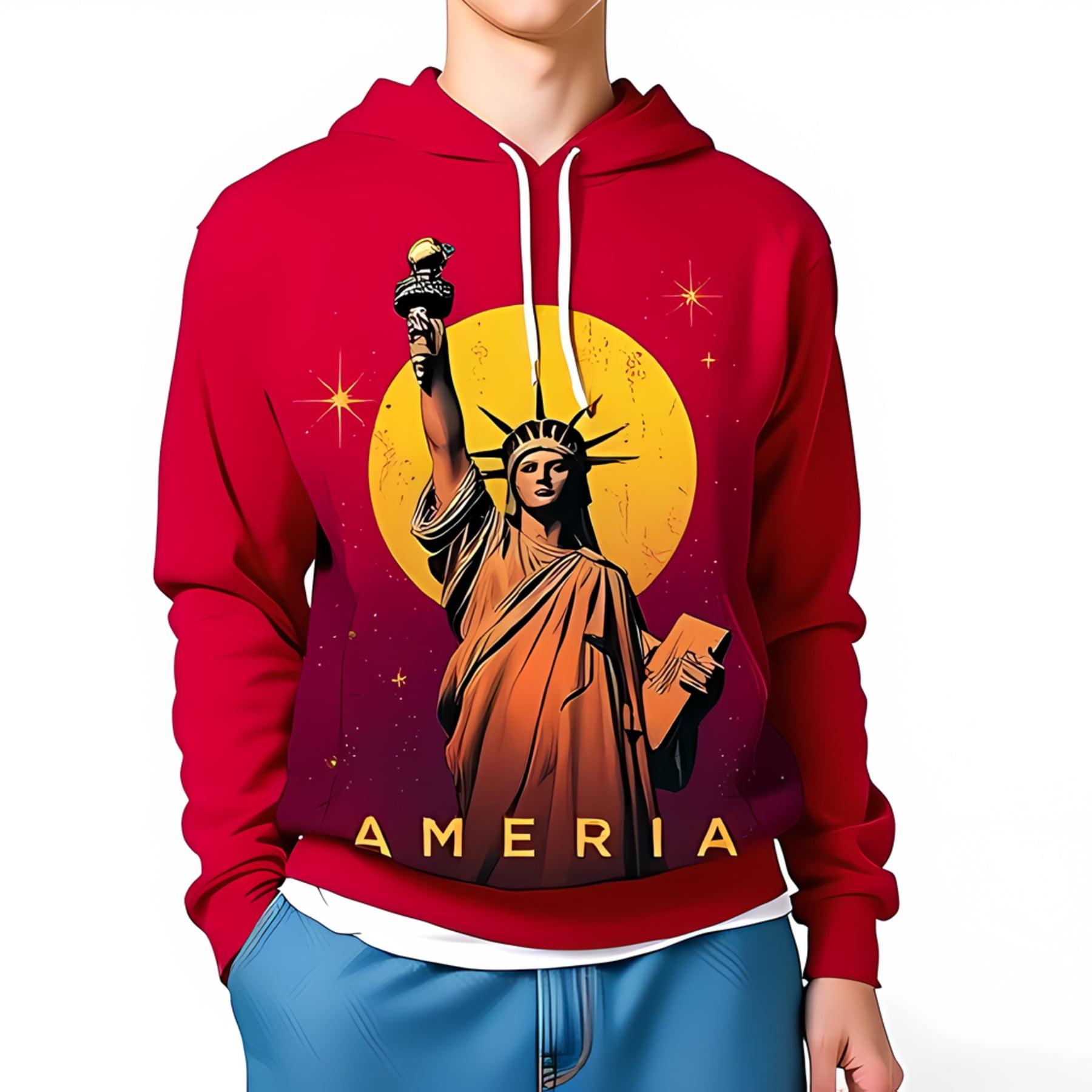3D Graphic Red Hoodie Sweatshirt with Design Yellow Moon & Glittering ...