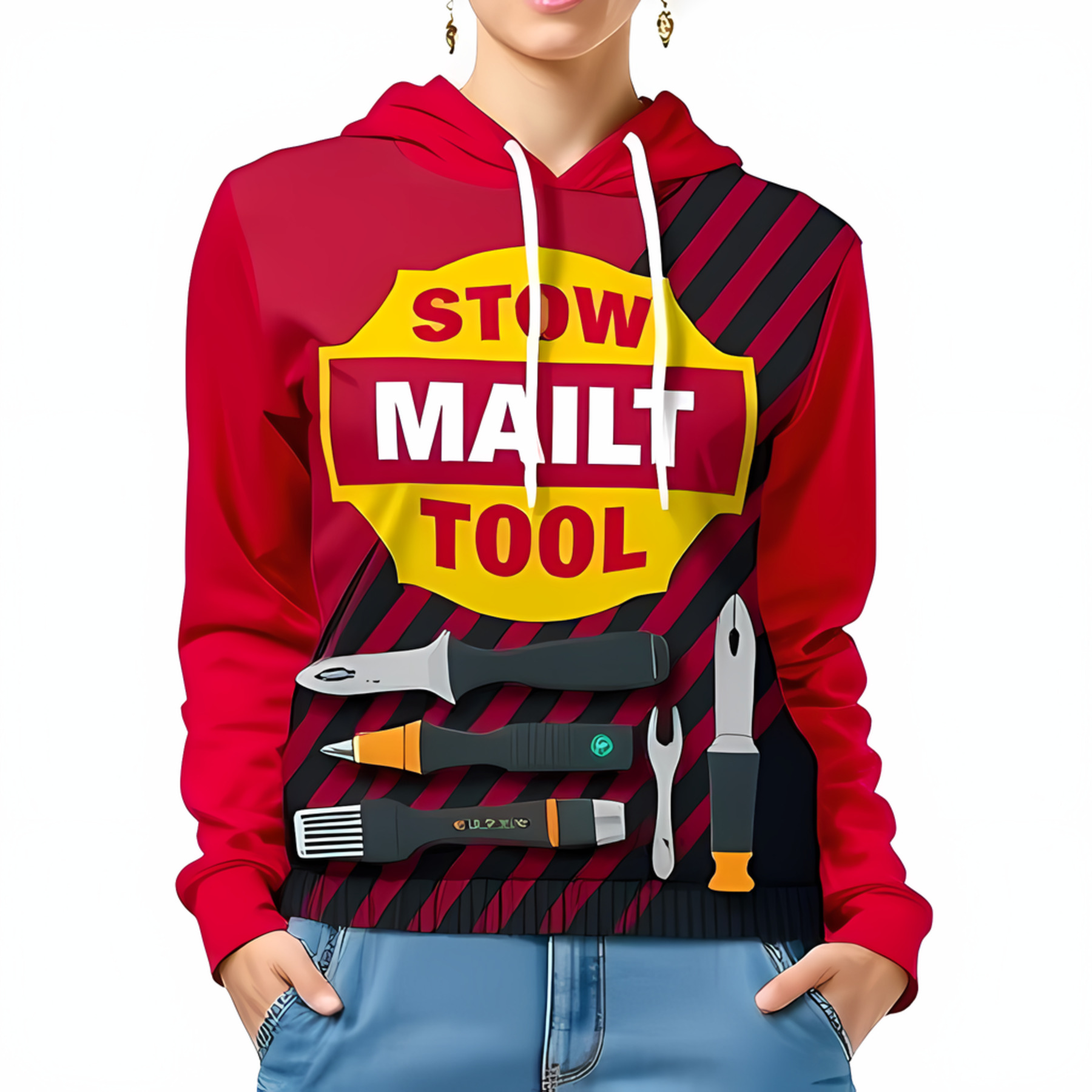3D Graphic Red Hoodie Sweatshirt with "STOW MAIL TOOL" Design Black ...