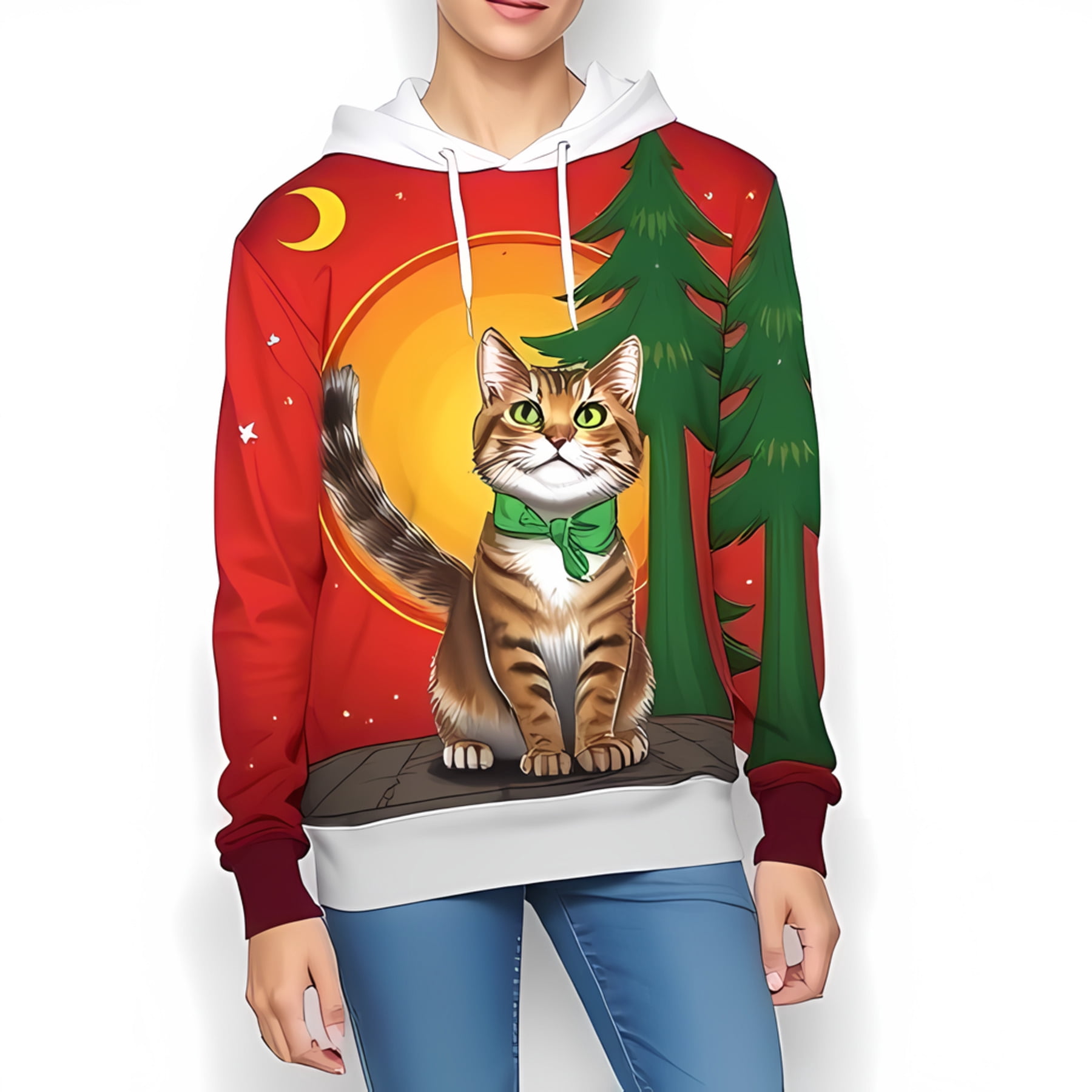 3D Graphic Red Hoodie with Brown Tabby Cat & Sunset Scene - Cozy Women ...