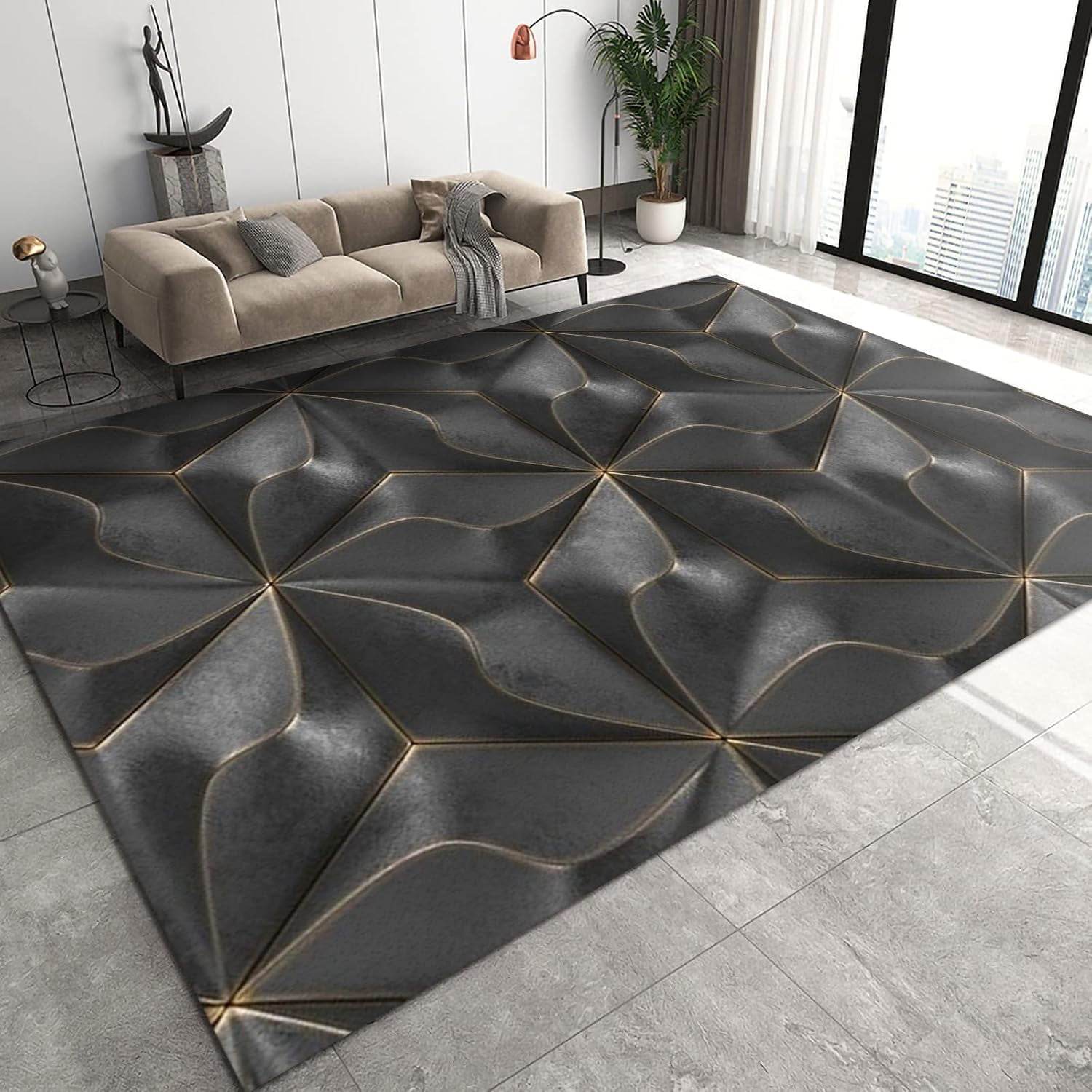 3D Gray Relief Marble Area Rugs, Gray Lines Optical Illusion Rug ...