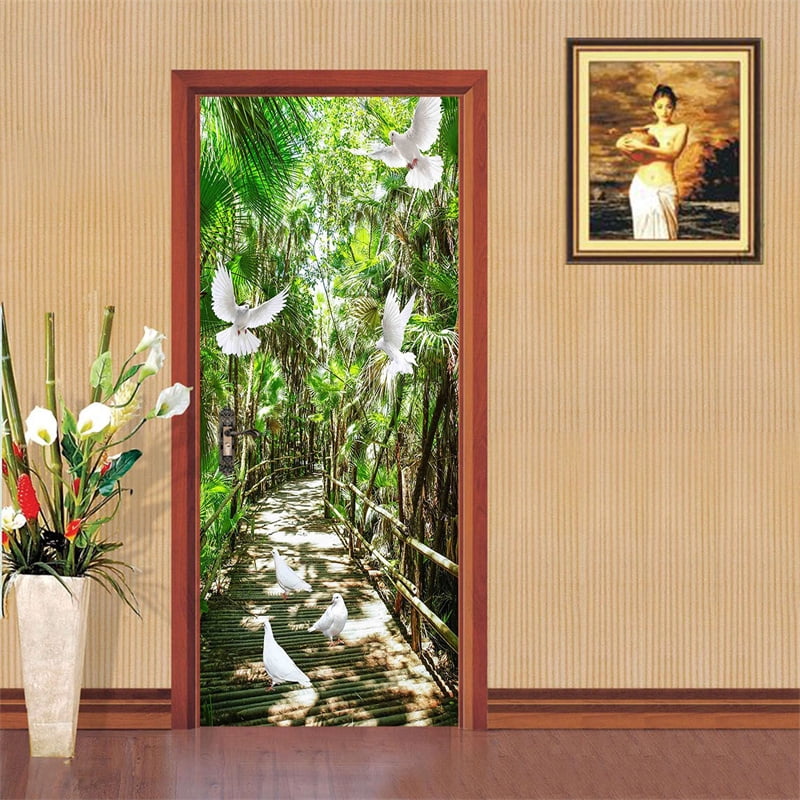 3D Green Forest Door Sticker Cool Scenery Wrap Full Door Home ...