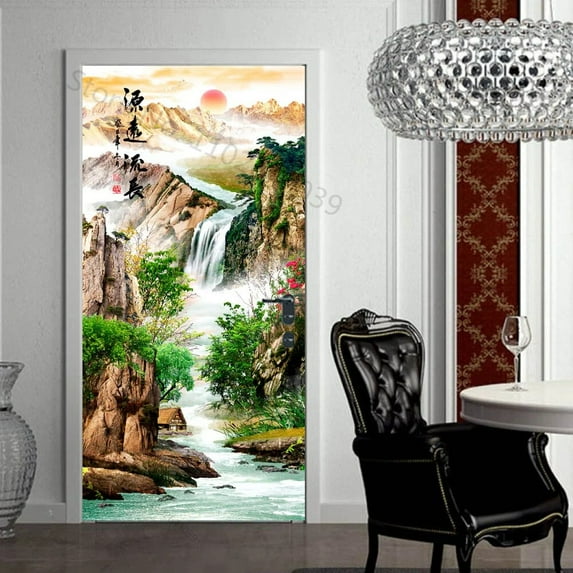 3D Green Tree Bamboo Candle Door Stickers Bedroom Bathroom Jungle ...