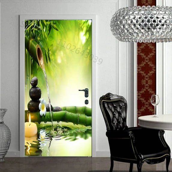 3D Green Tree Bamboo Candle Door Stickers Bedroom Bathroom Jungle ...