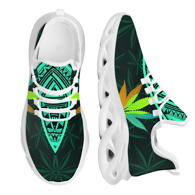 3D Green Weed Leaves Design Mesh Sneakers for Women Outdoor Air Cushion ...