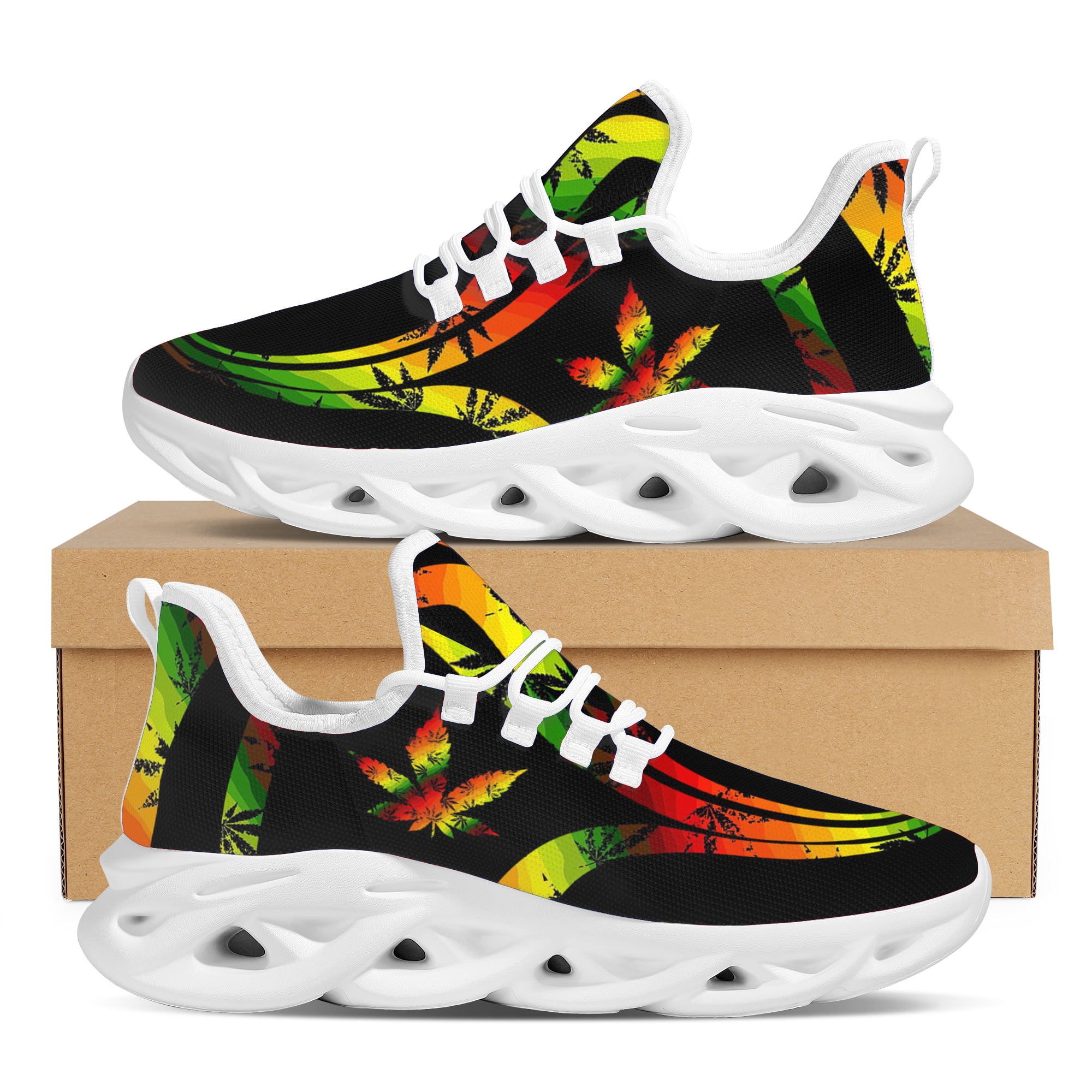 3D Green Weed Leaves Printing Athletic Shoes for Women Breathable Lace ...