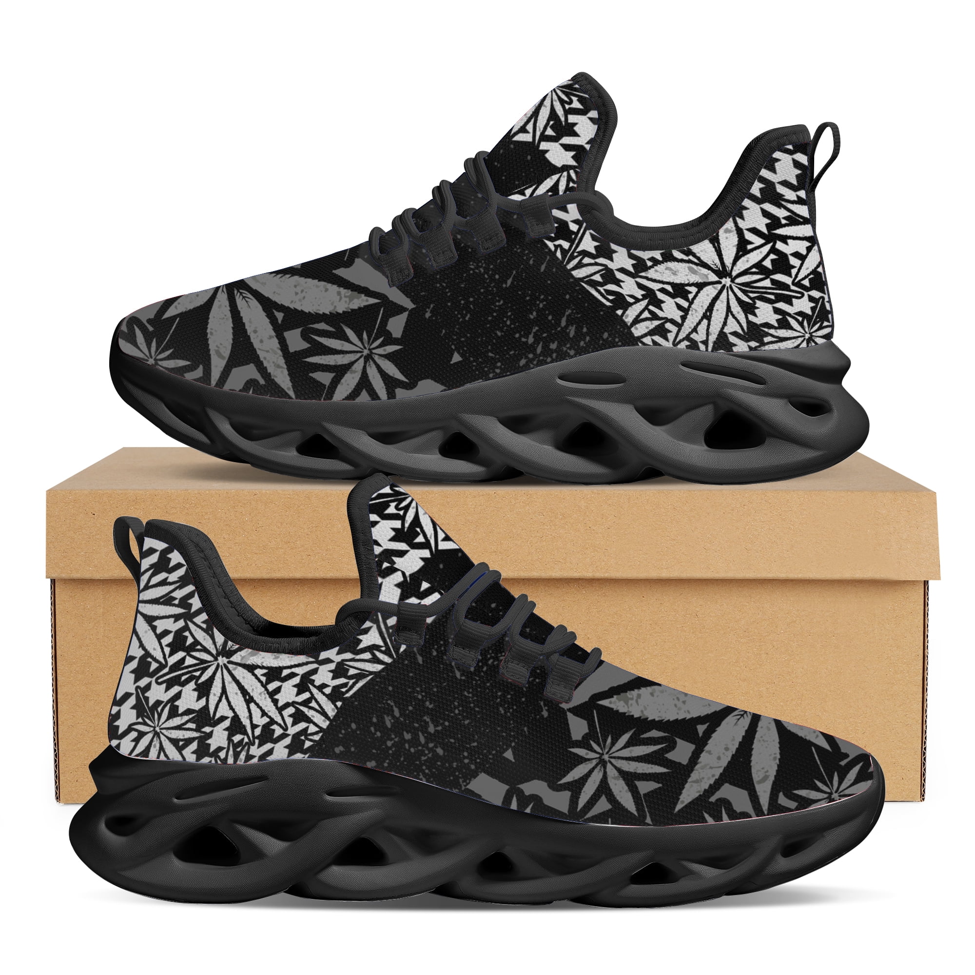 3D Green Weed Leaves Printing Athletic Shoes for Women Breathable Lace ...