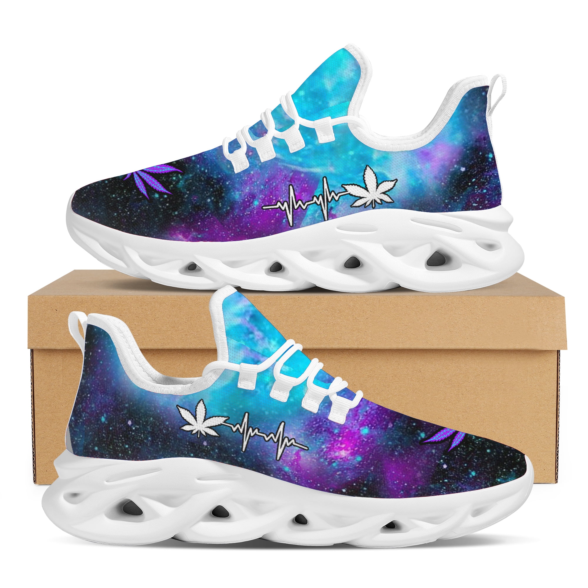 3D Green Weed Leaves Printing Athletic Shoes for Women Breathable Lace ...