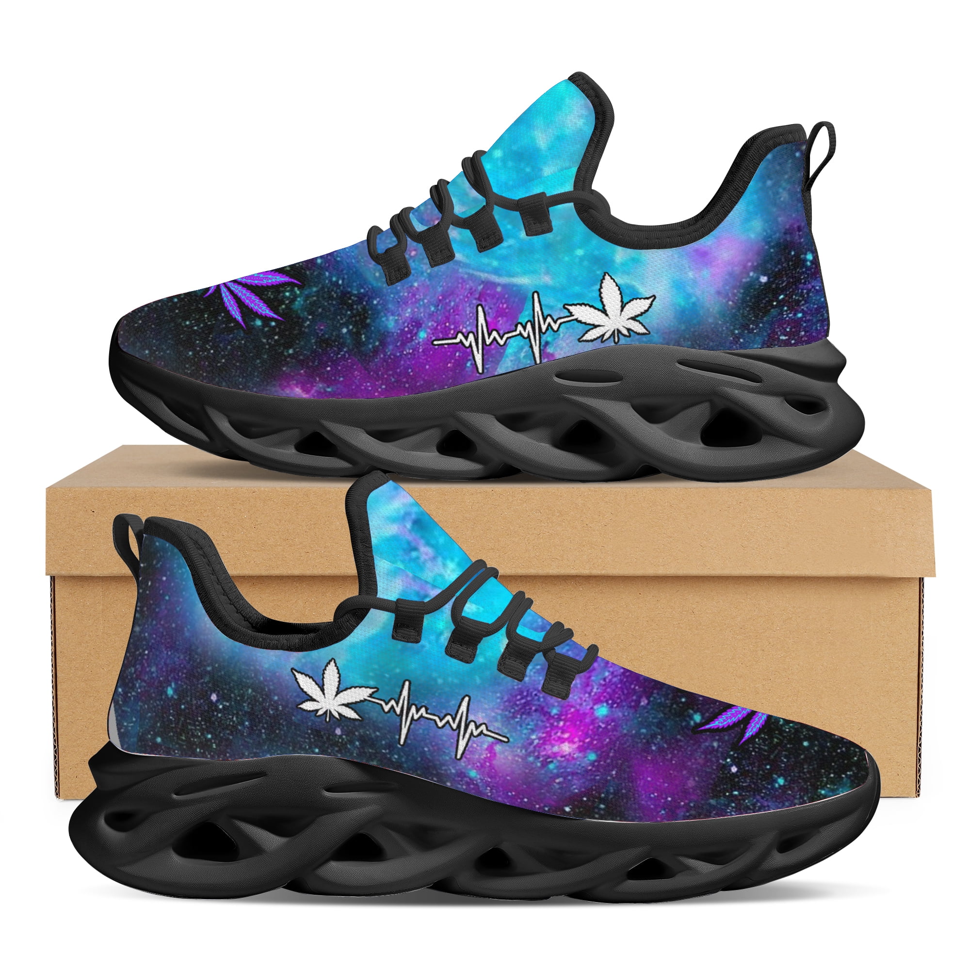 3D Green Weed Leaves Printing Athletic Shoes for Women Breathable Lace ...