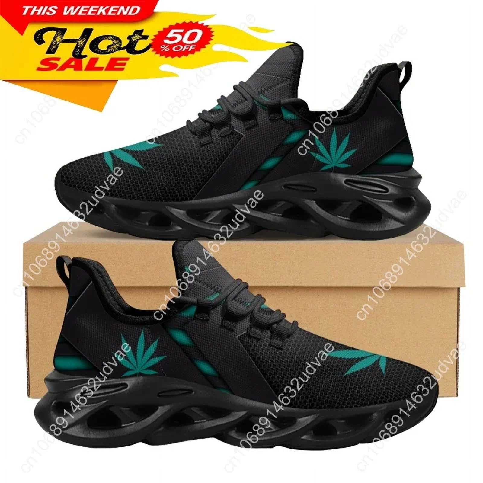 3D Green Weed Leaves Printing Athletic Shoes for Women Breathable Lace ...