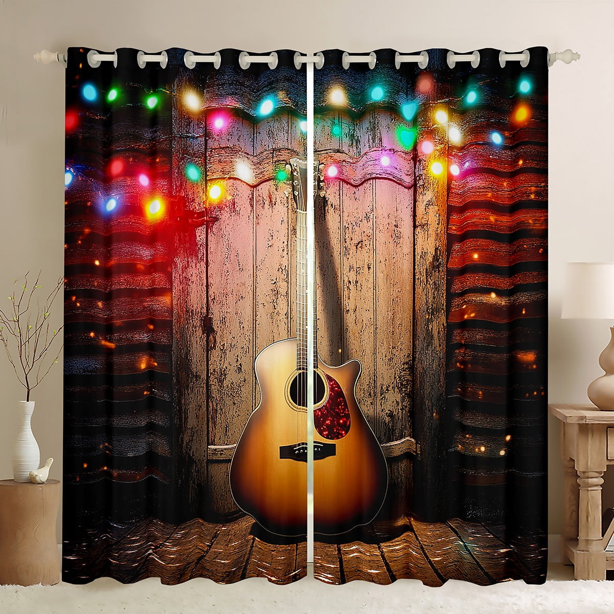 3D Guitar 30%-50% Blackout Curtains,Musical Instrument Curtains,Wooden ...