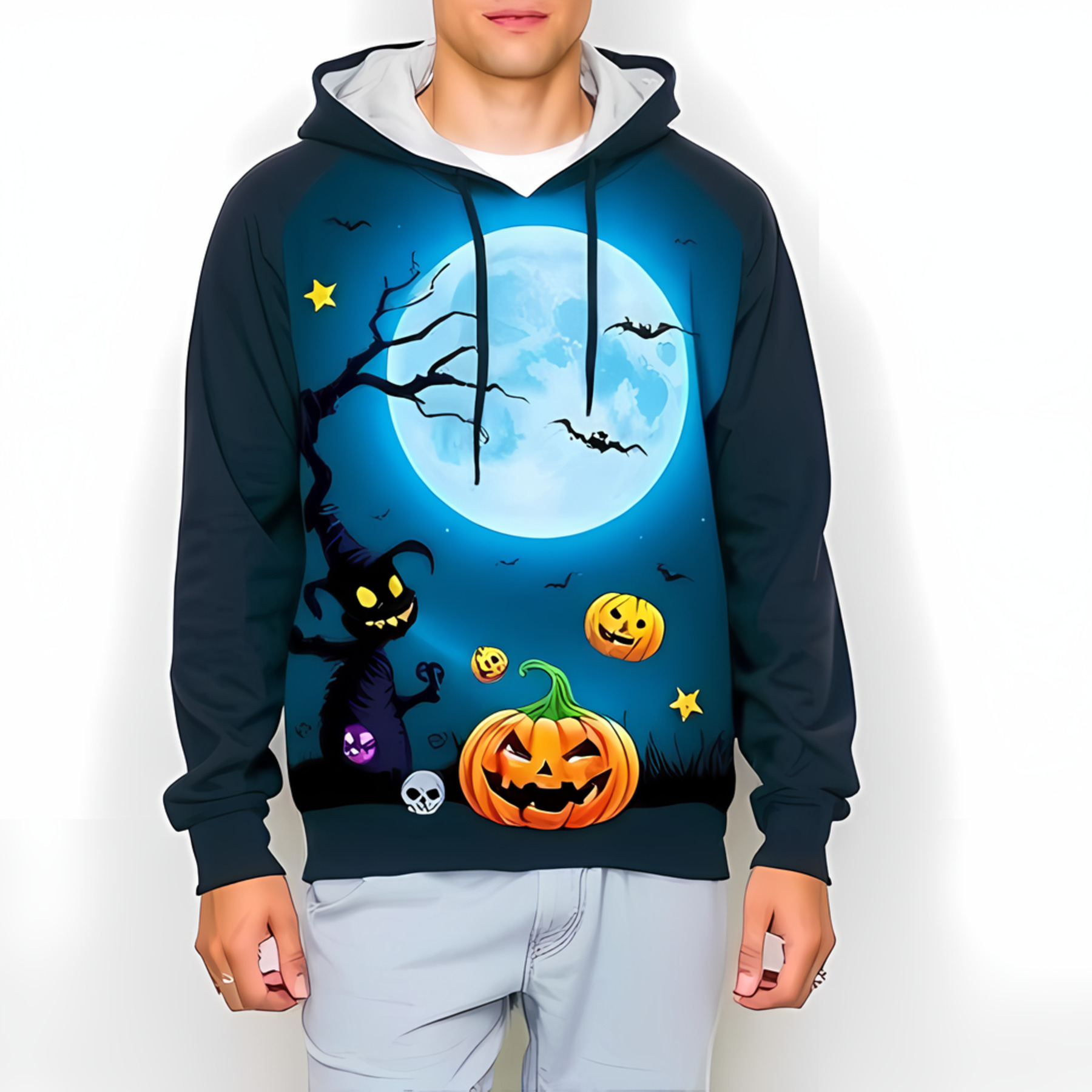 3D Halloween Hoodie with Spooky Tree Full Moon Bats & Colorful Lanterns ...