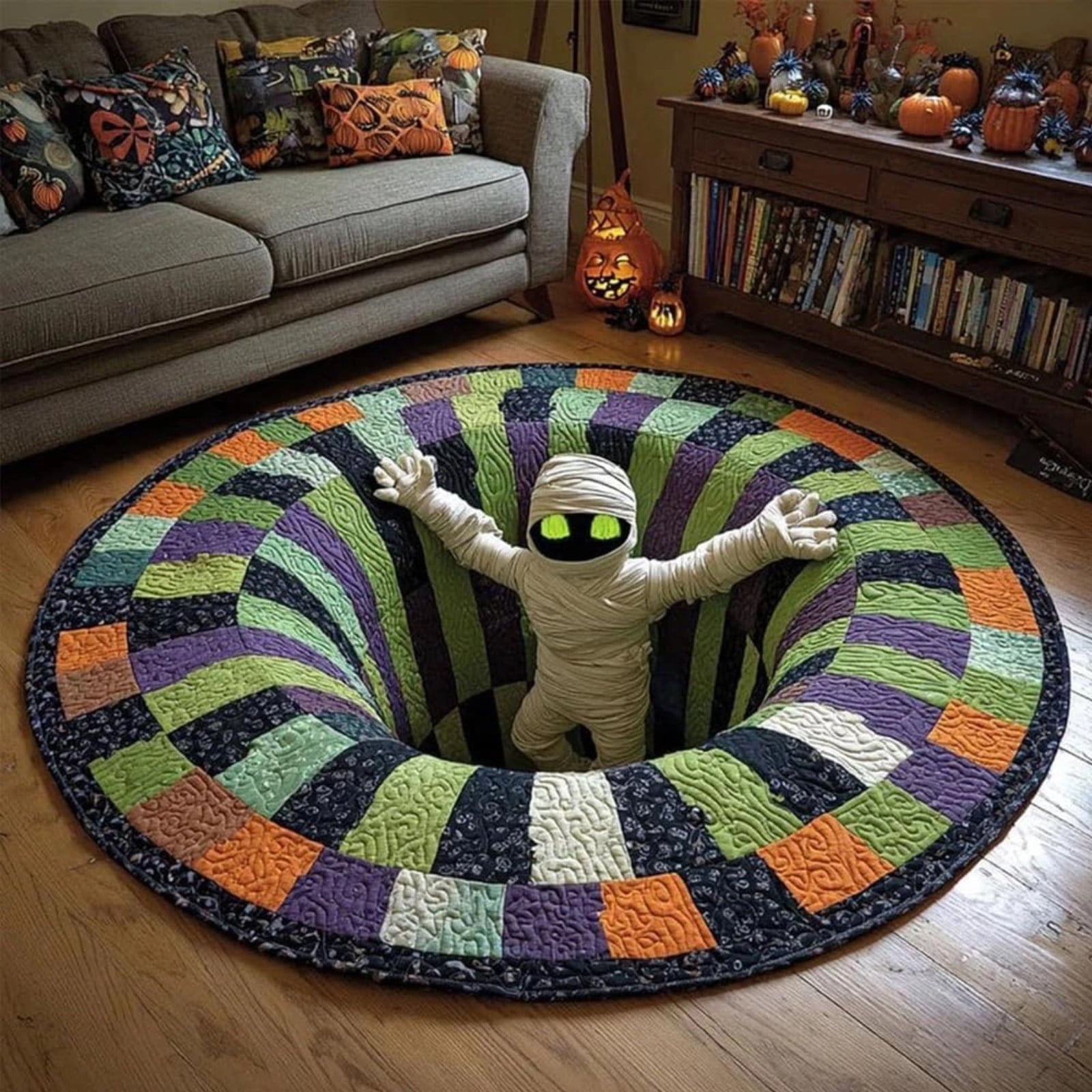 3D Halloween Rug, Candy Corn Abyss Quilted Round Mat, Optical Illusion ...