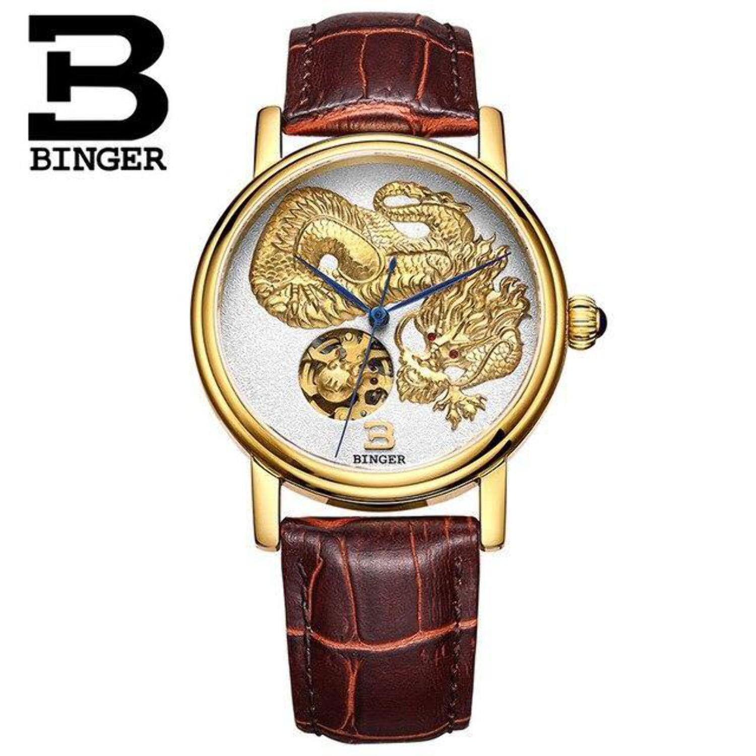3D Hand Relief Design BINGER Men Automatic Self-Wind Famous Brand ...