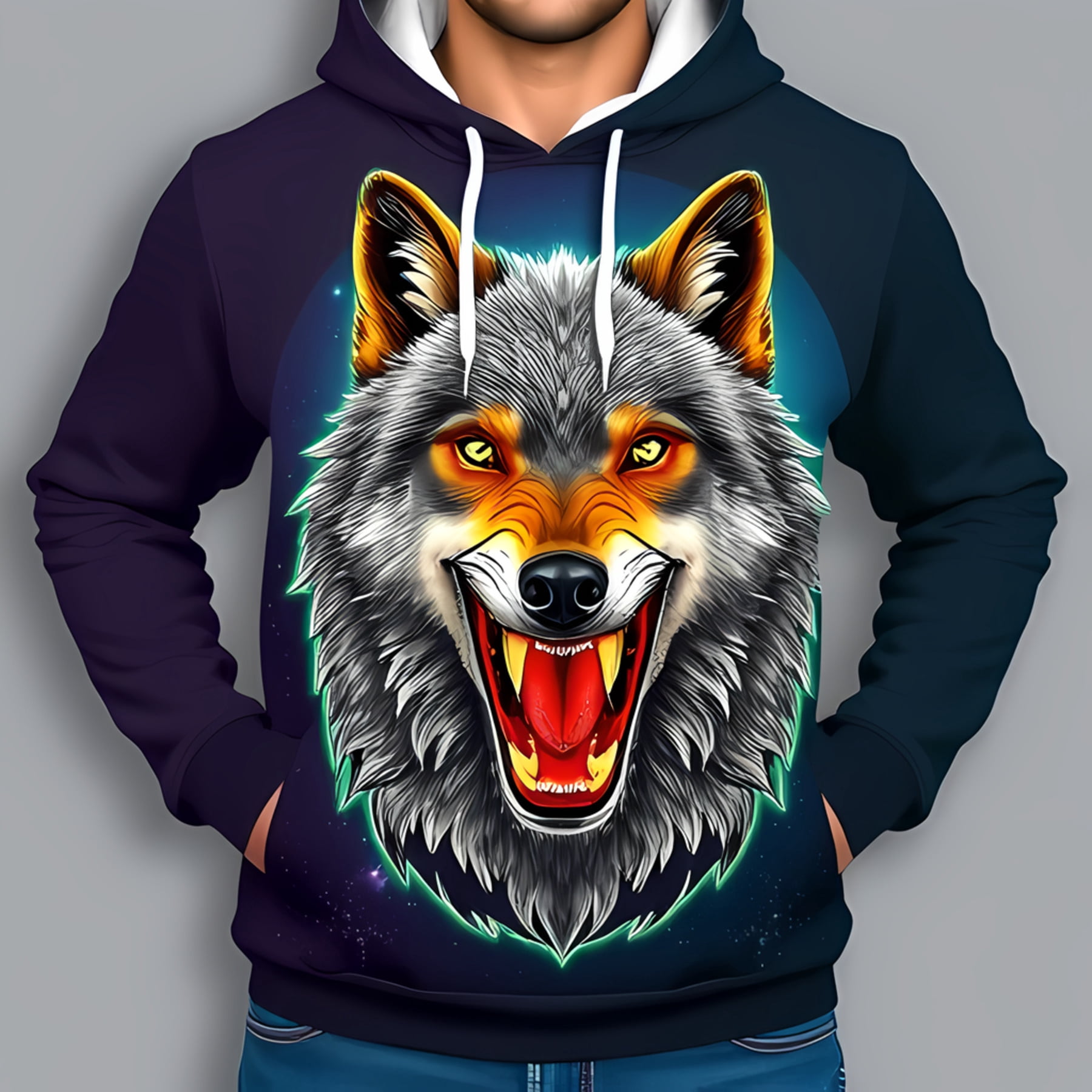 3D Head Hoodie with Glowing Eyes Dark Blue Night Sky Design Menacing ...
