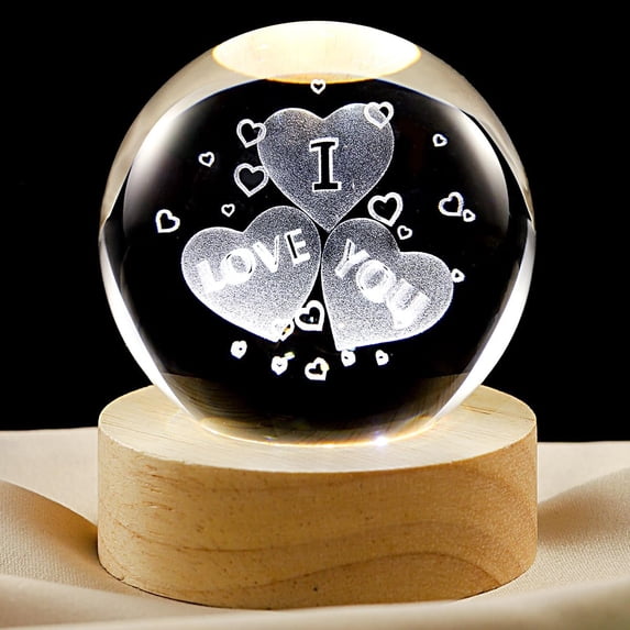 3D Heart Crystal Ball Lamp with Dimmable LED and Wooden Base, Night ...