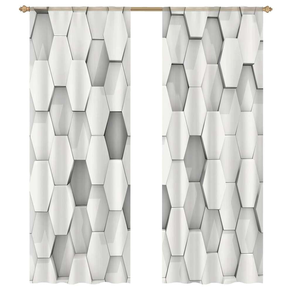 3D Hexagon Tile Brick Pattern Modern Tulle Window Curtains for Living ...