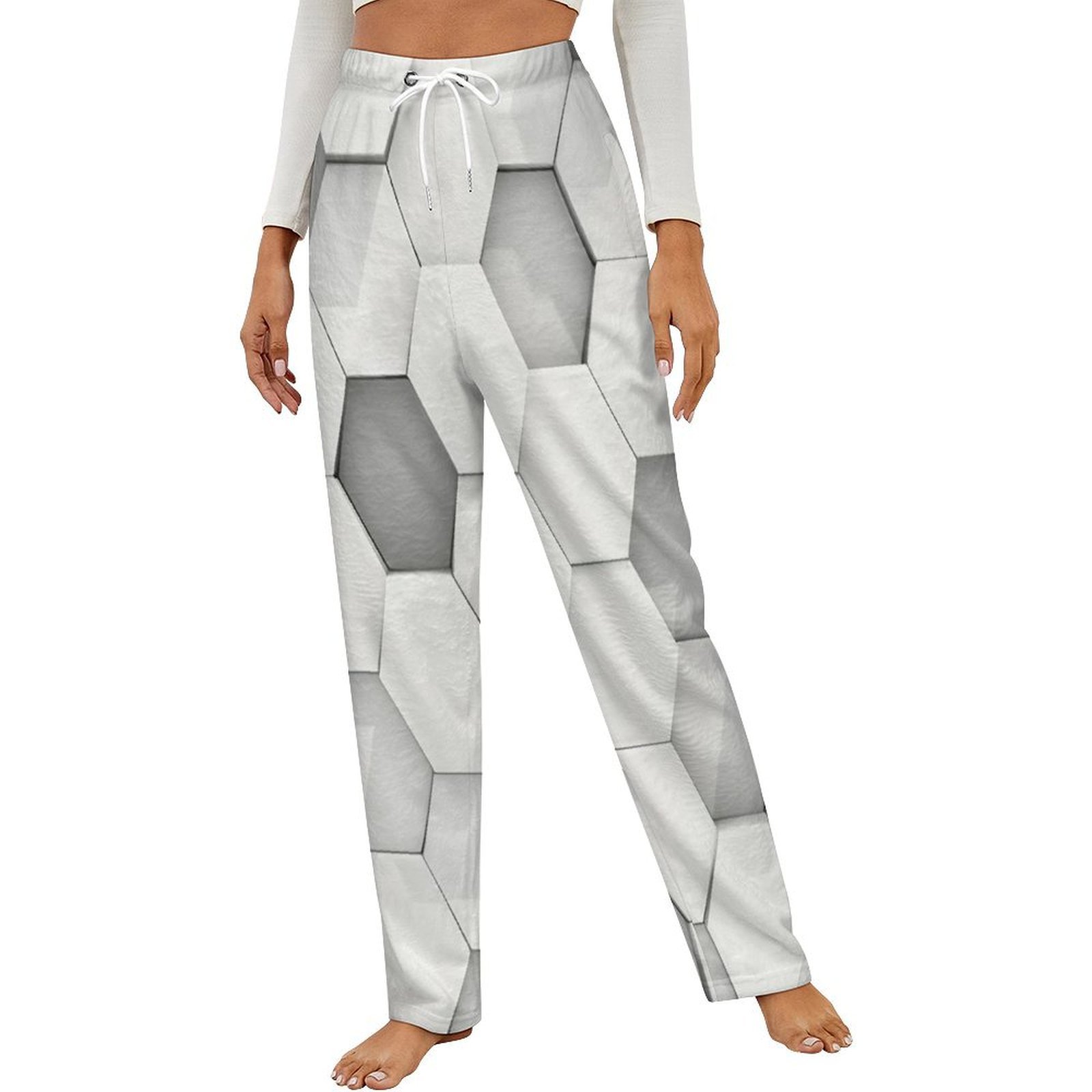 3D Hexagon Tile Brick Pattern Winter Female Pants Flannel High Waist ...
