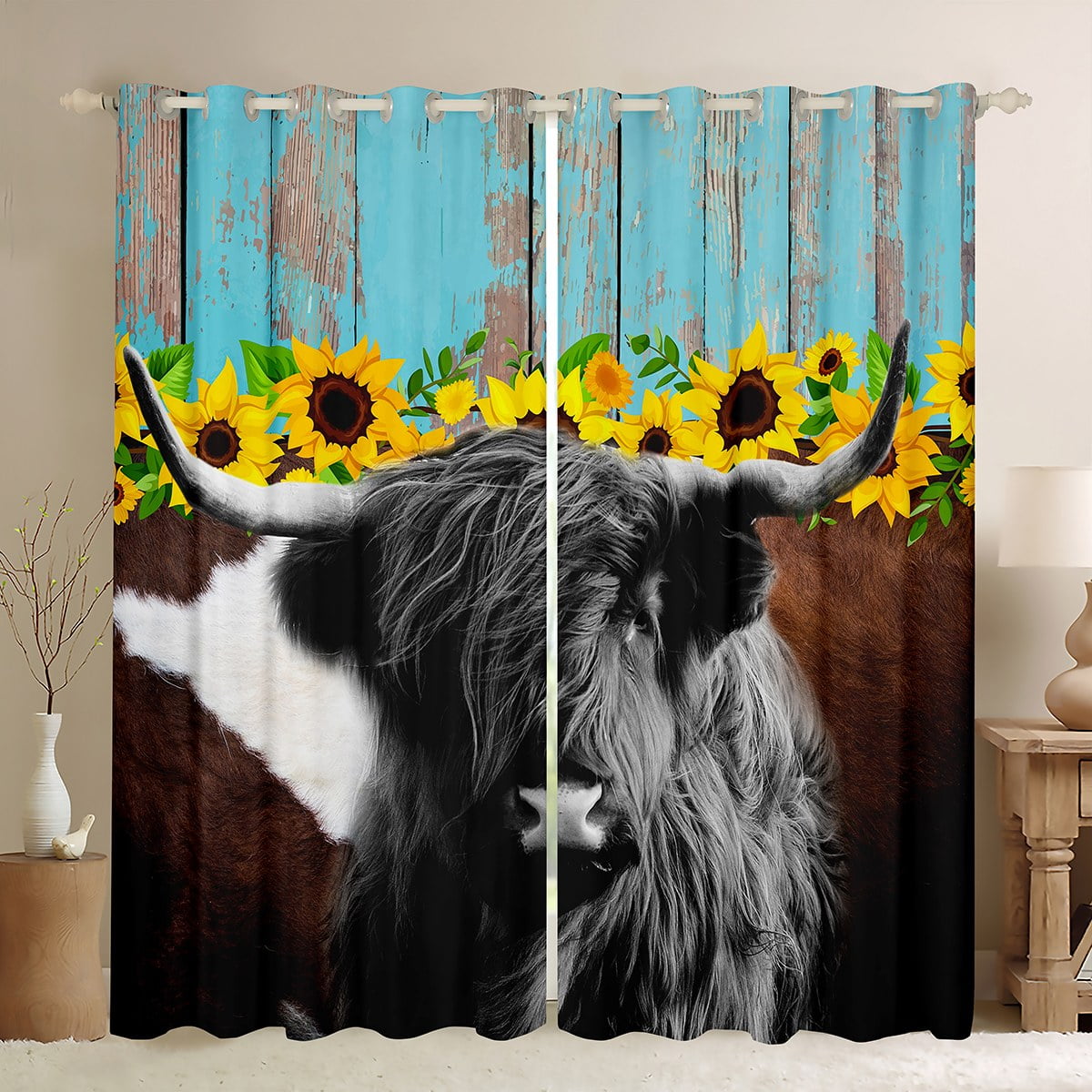 3D Highland Cow Blackout Curtains,Longhorn Bull Cattle Curtains ...