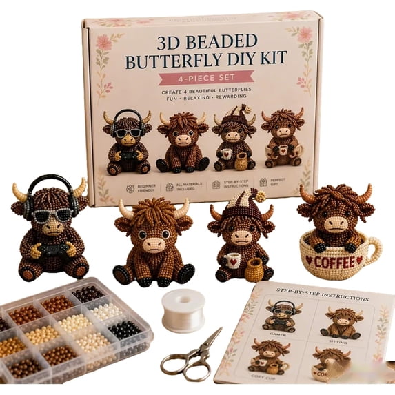 3D Highland Cow DIY Bead Kit - 4 Adorable Handmade Cow Designs Craft ...
