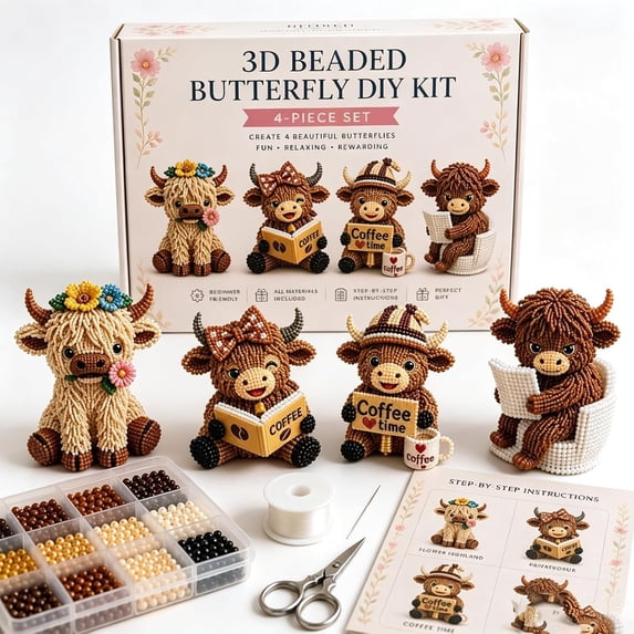 3D Highland Cow DIY Bead Kit - 4 Adorable Handmade Cow Designs Craft ...
