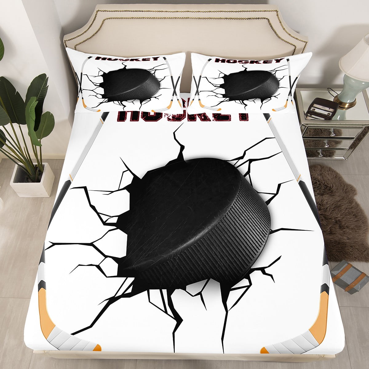 3D Hockey Full Fitted Sheet,Ice Hockey Puck Bedding Set Winter Sports ...