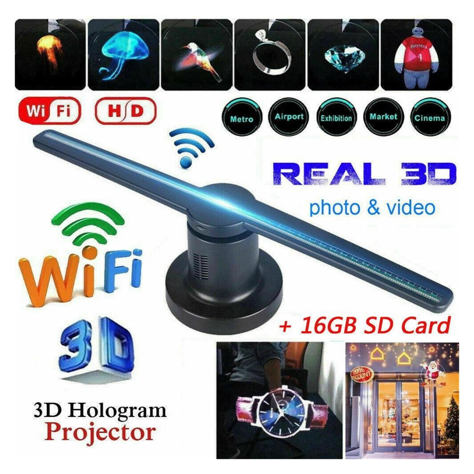 3D Hologram, 3D Hologram Projector LED Fan Light Wifi Sign Advertising Display Holographic ...