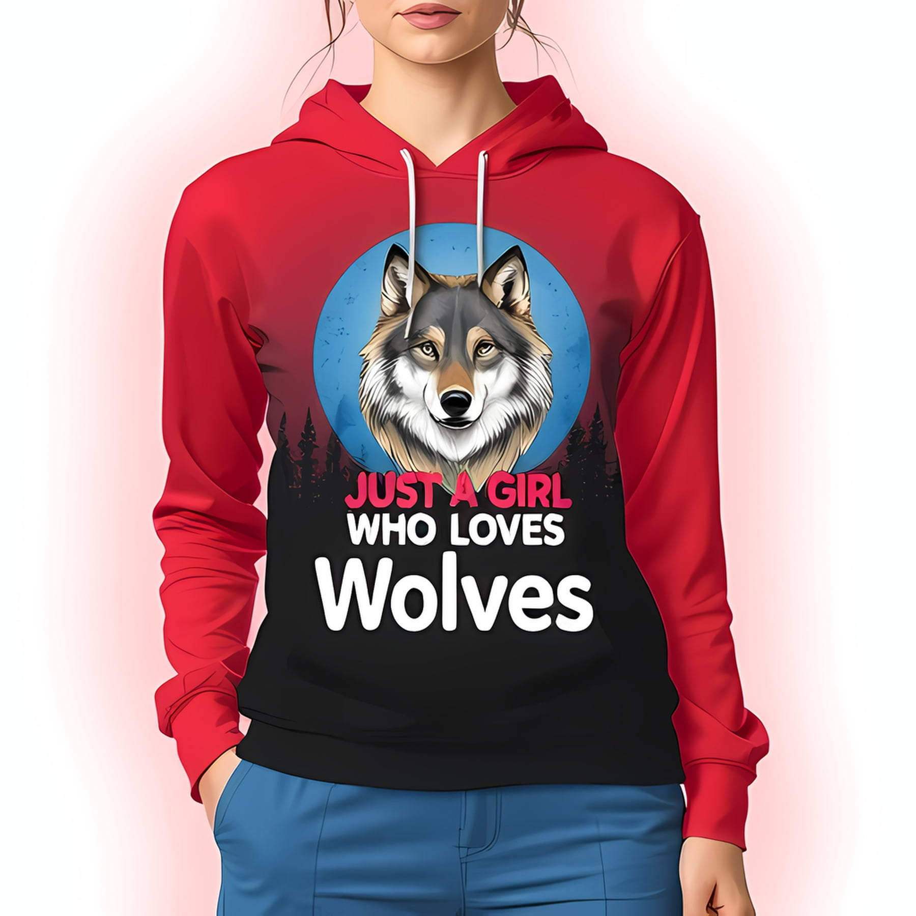 3D Hoodie for Women - Just a Girl Who Loves Wolves - Vibrant Red with ...