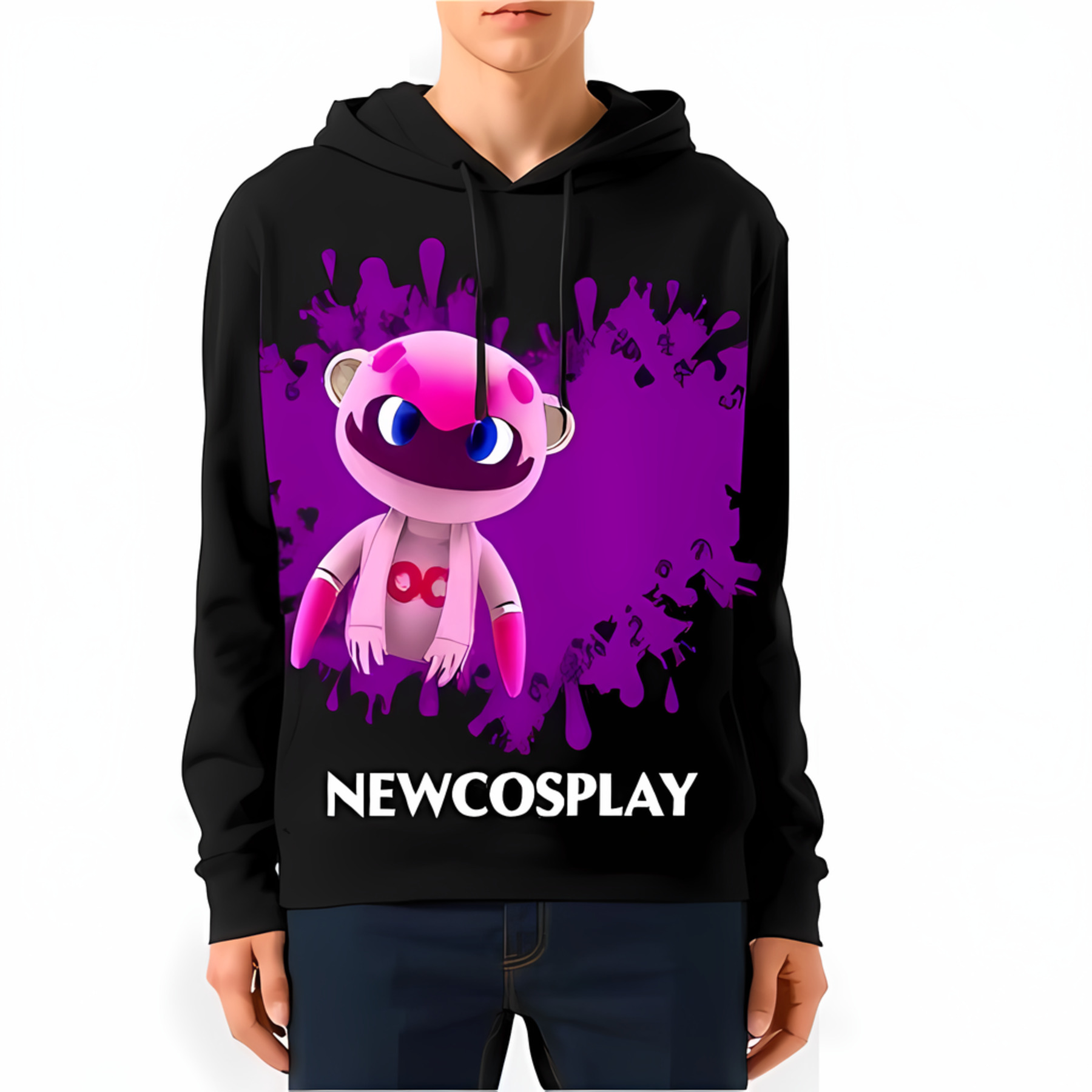 3D Hoodie with Purple Splatter Pattern Pink Character with Symbol Blue ...