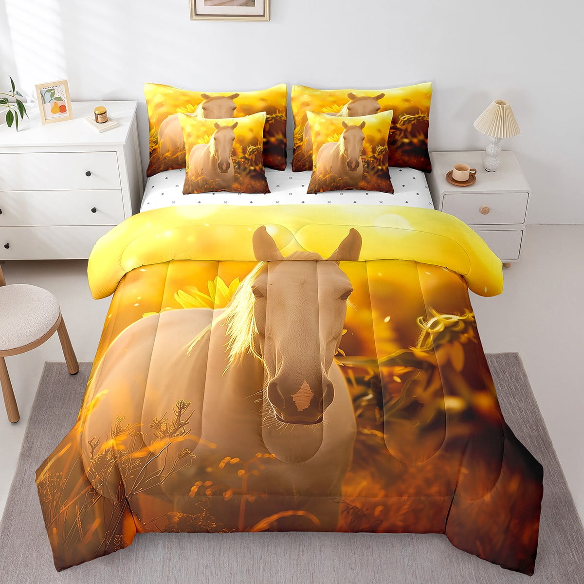 3D Horse Bedding Comforter Sets 7Pcs Horse Printed Bed In A Bag,Yellow ...