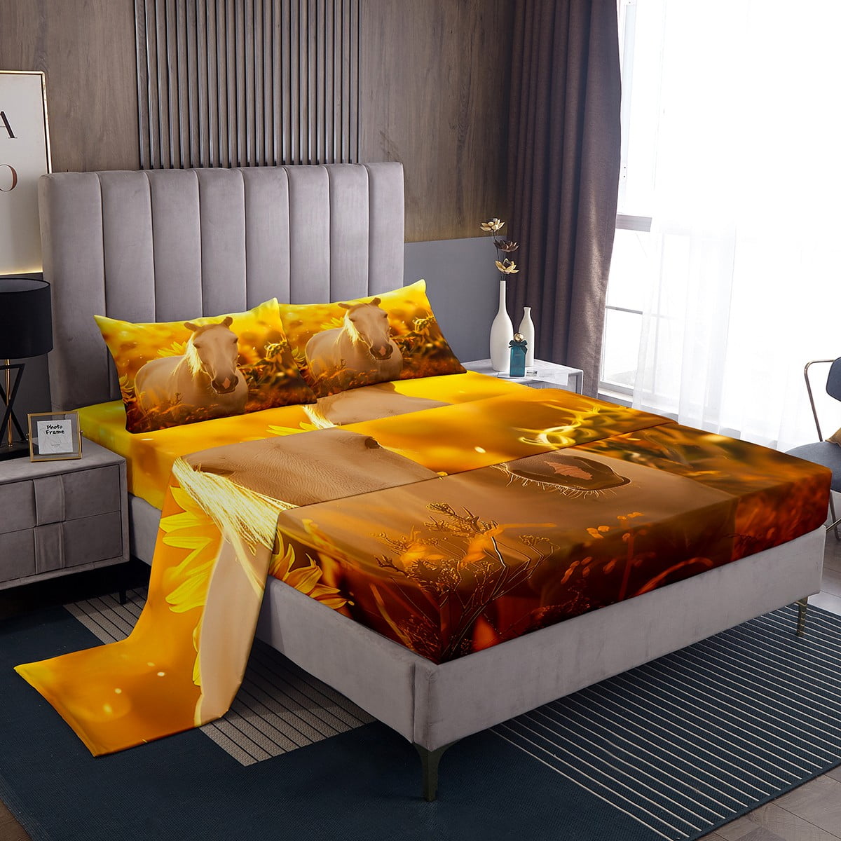 3D Horse King Sheet Set Horse Printed Bed Set,Yellow Flower Bed Sheets ...