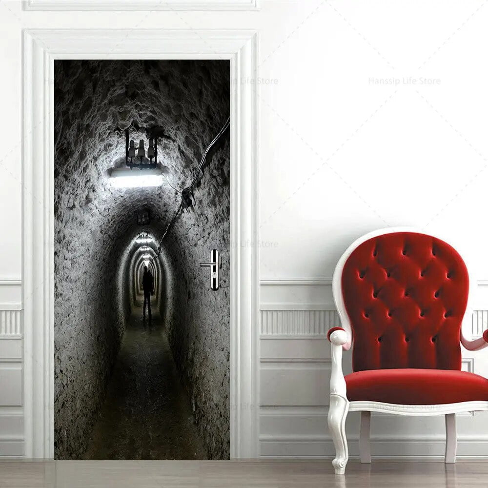3D Illusion Door Sticker Wallpaper Dark Style Black Cool Architectural ...