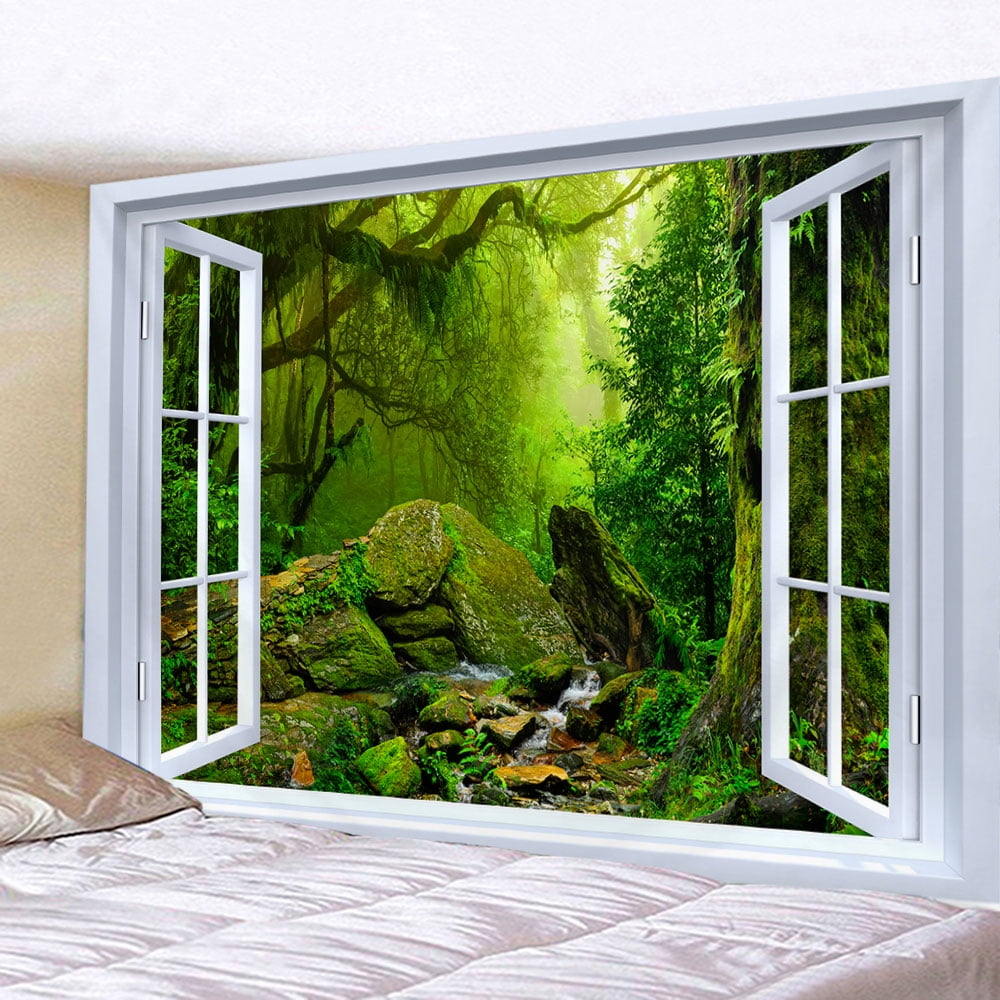 3D Imitation Window Forest Lake Landscape Wall Hanging Bedroom ration ...