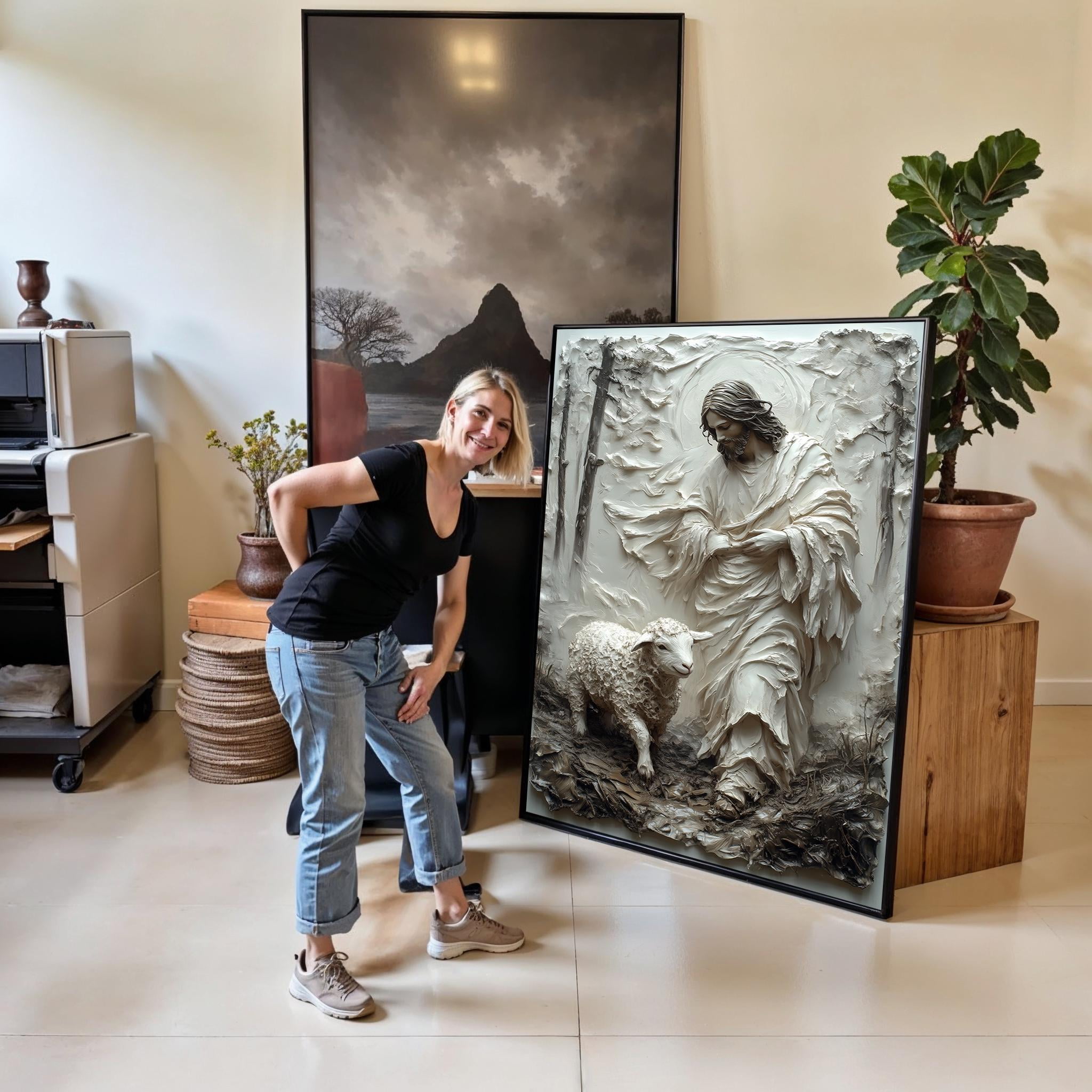 3D Impasto Good Shepherd Canvas – Hyper-Textured Jesus & Lamb in ...