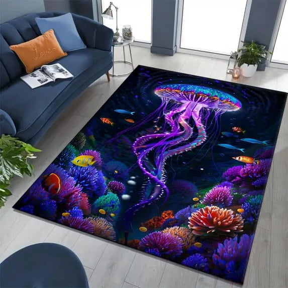 3D Jellyfish Ocean Area Rug, Coastal Underwater Design Carpet, Washable ...