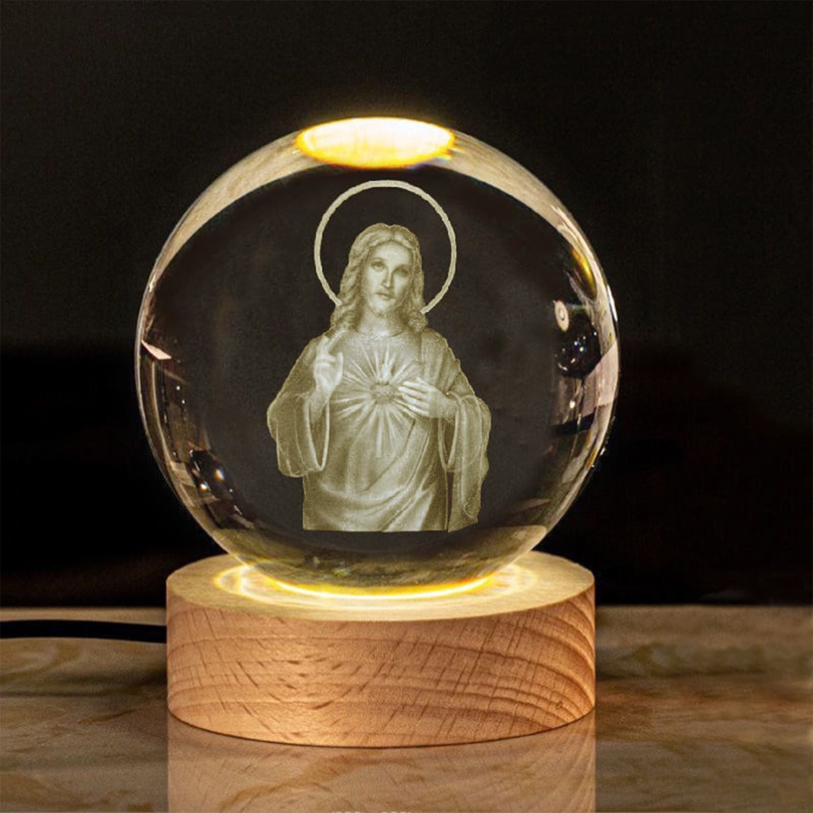 3D Jesus Crystal Ball Statue with Wooden Base,Crystal Night Light ...
