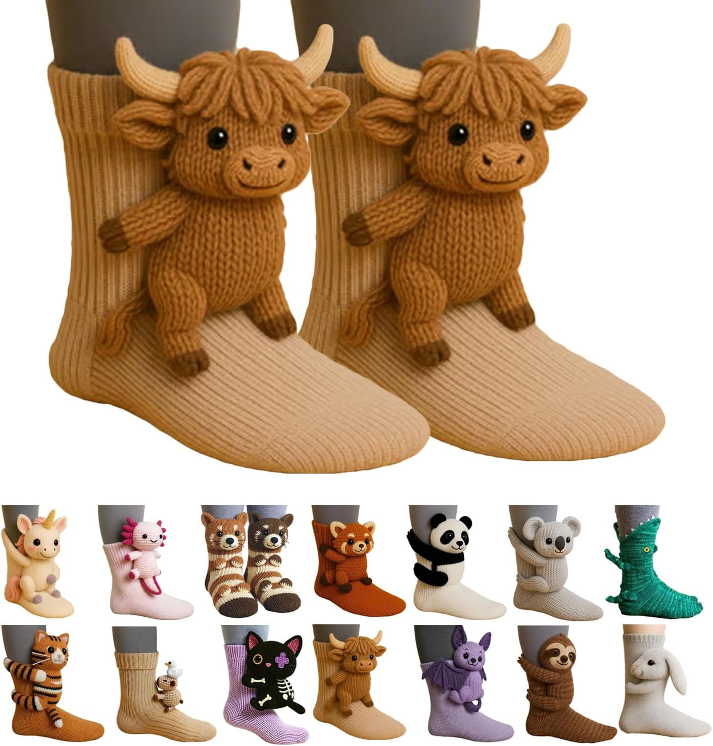 3D Knit Animal Socks for Unisex, Cozy Cute Hand Crochet Knit Sock ...
