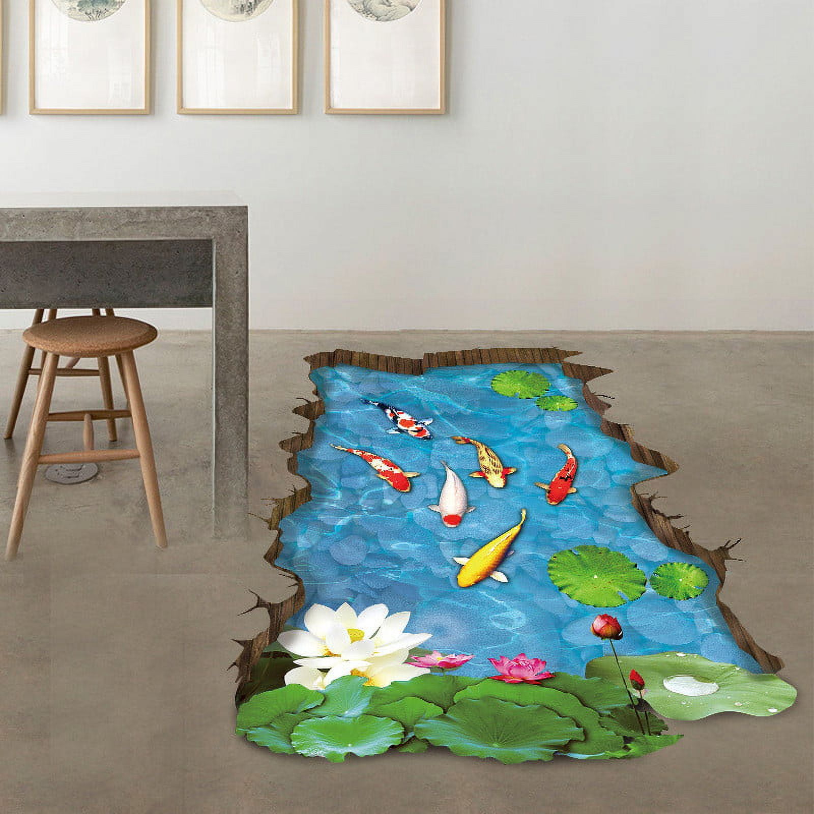3D Koi Fish Pond Rug, Decorative Floor Sticker with Lotus Design for ...