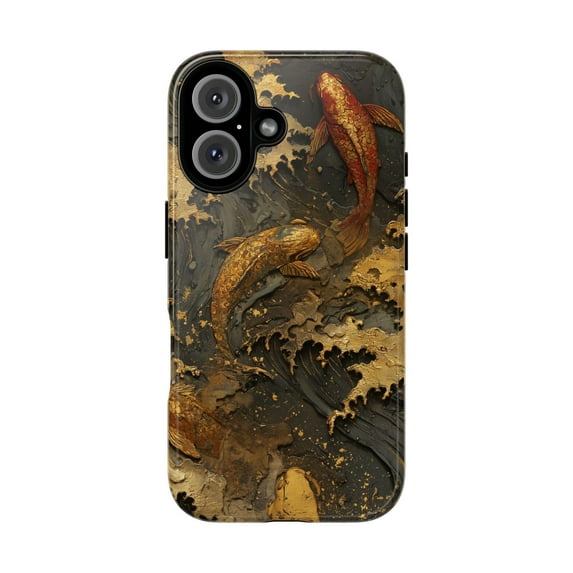 3D Koi Fish Wave Phone Case Japanese Art Gold Bronze iPhone 17 11 12 13 ...