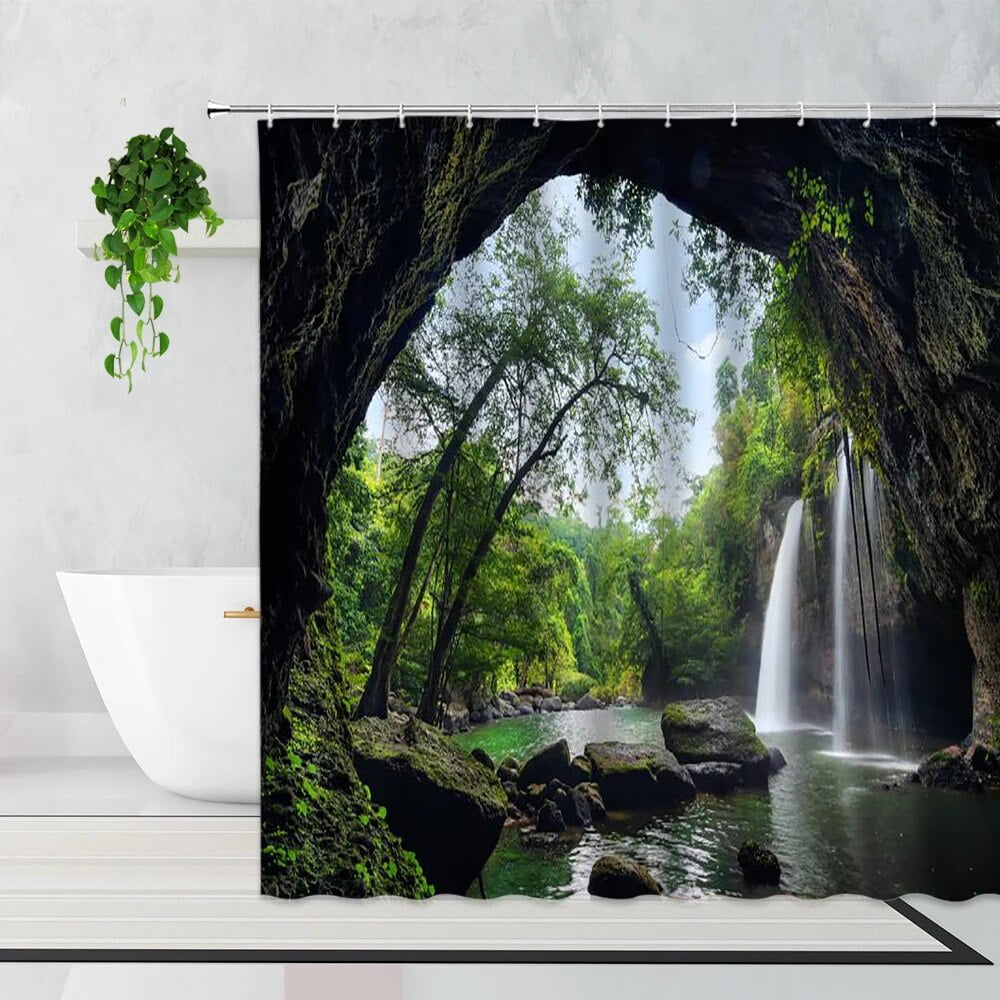 3d Landscape Forest Waterfall Shower Curtain Green Jungle Cliff Fabric