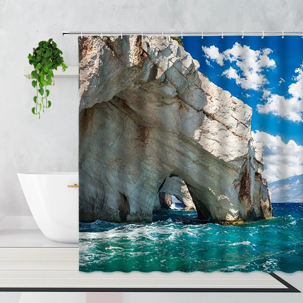 3d Landscape Forest Waterfall Shower Curtain Green Jungle Cliff Fabric