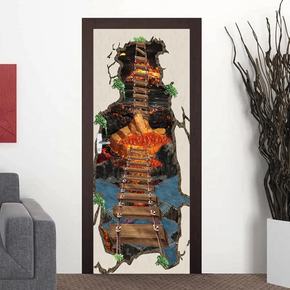 3D Landscape Lake Print Door Sticker Vinyl Decal Waterfall Forest ...