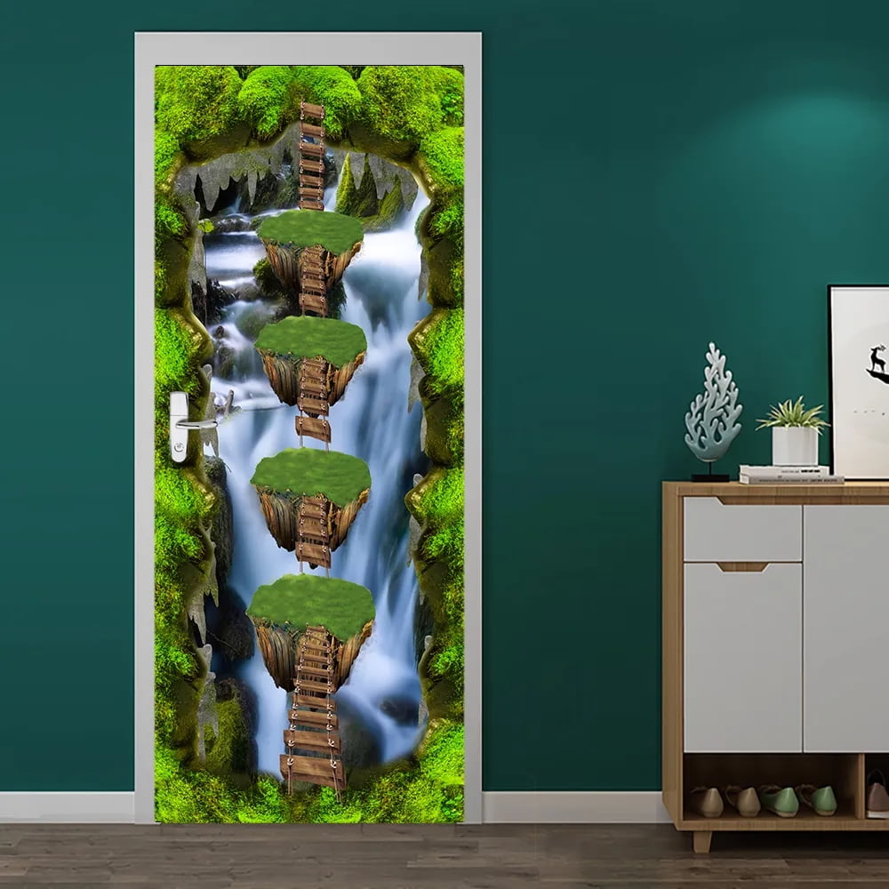 3D Landscape Lake Print Door Sticker Vinyl Decal Waterfall Forest ...